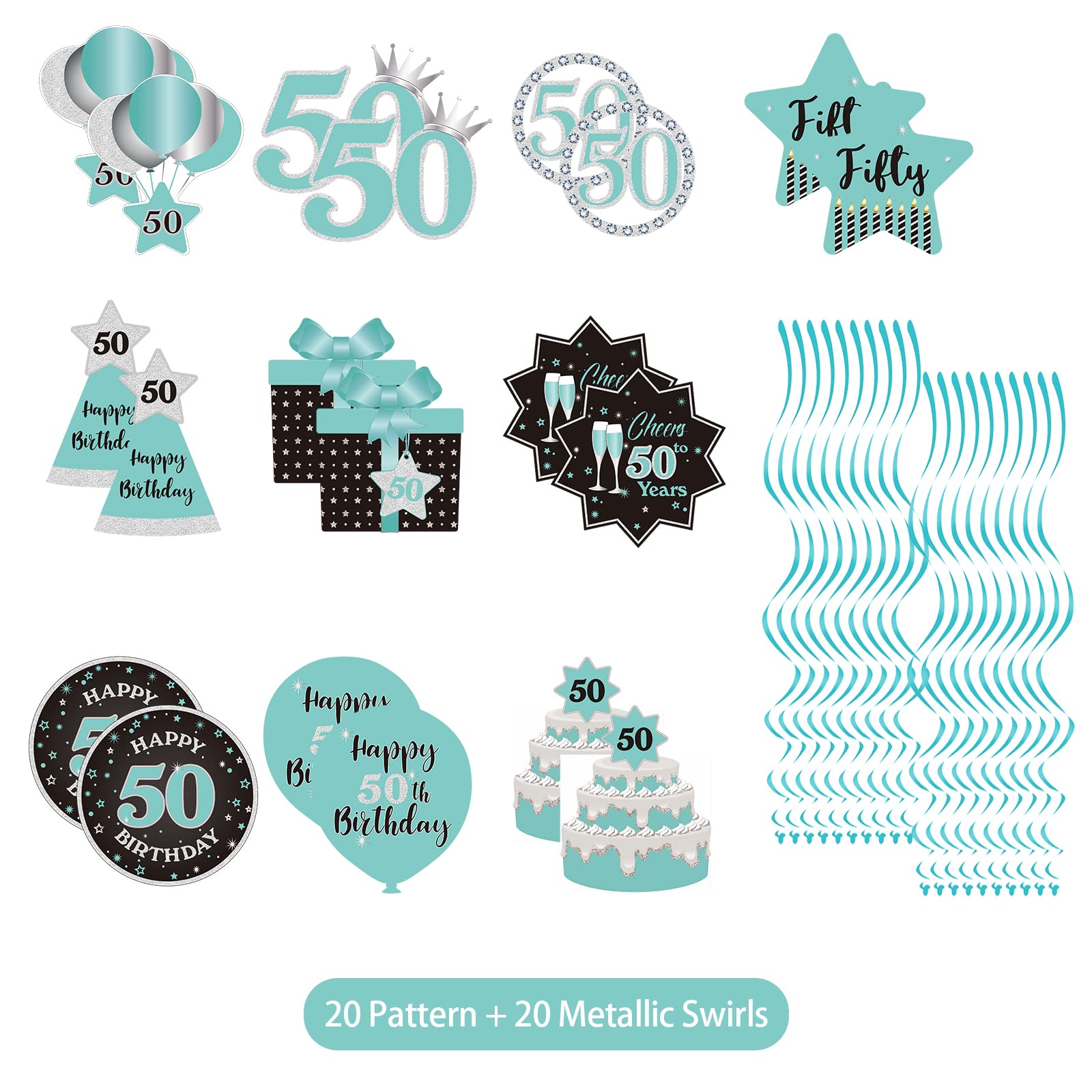 Happy 50th Birthday Party Hanging Swirls Streams Ceiling Decorations, Celebration 50th Foil Hanging Swirls with Cutouts for 50 Years Teal Silver Black Blue Birthday Party Decorations Supplies