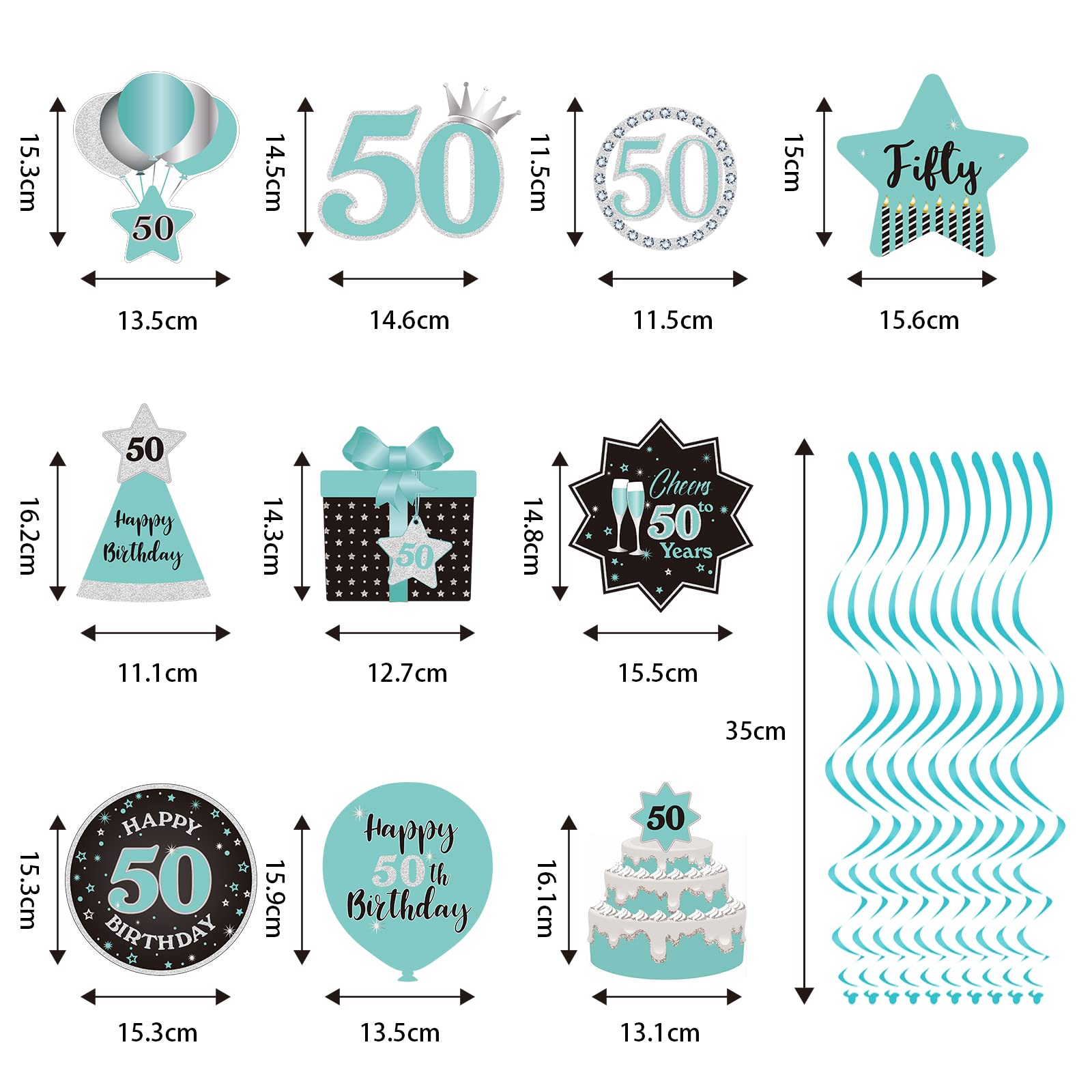 Happy 50th Birthday Party Hanging Swirls Streams Ceiling Decorations, Celebration 50th Foil Hanging Swirls with Cutouts for 50 Years Teal Silver Black Blue Birthday Party Decorations Supplies