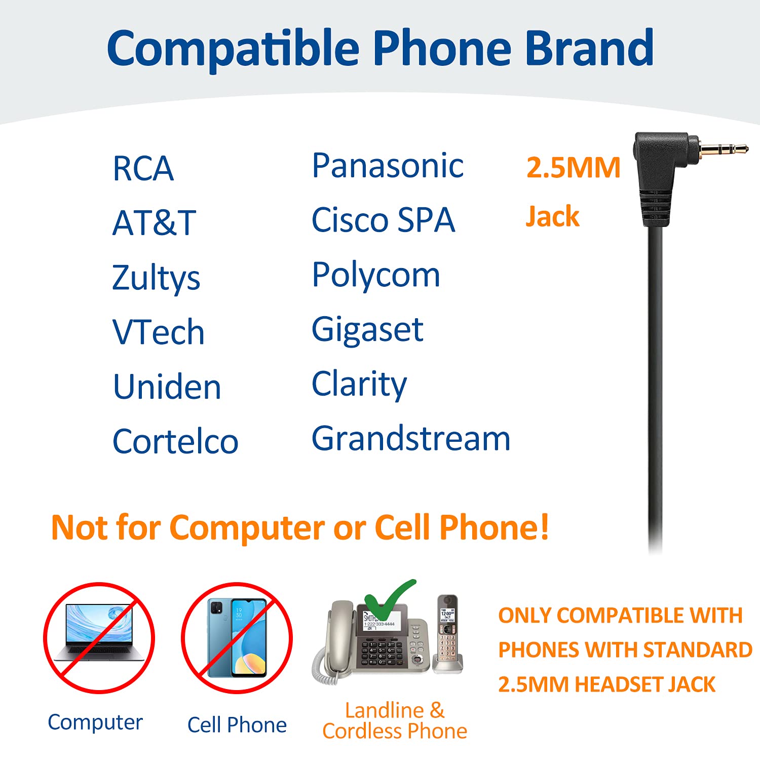 Wantek 2.5mm Telephone Headset with Mic Noise Cancelling, Office Phone Headset Compatible with AT&T ML17929 Panasonic Vtech RCA Uniden Cisco SPA Grandstream Polycom Cordless Dect Phones(F600J25)