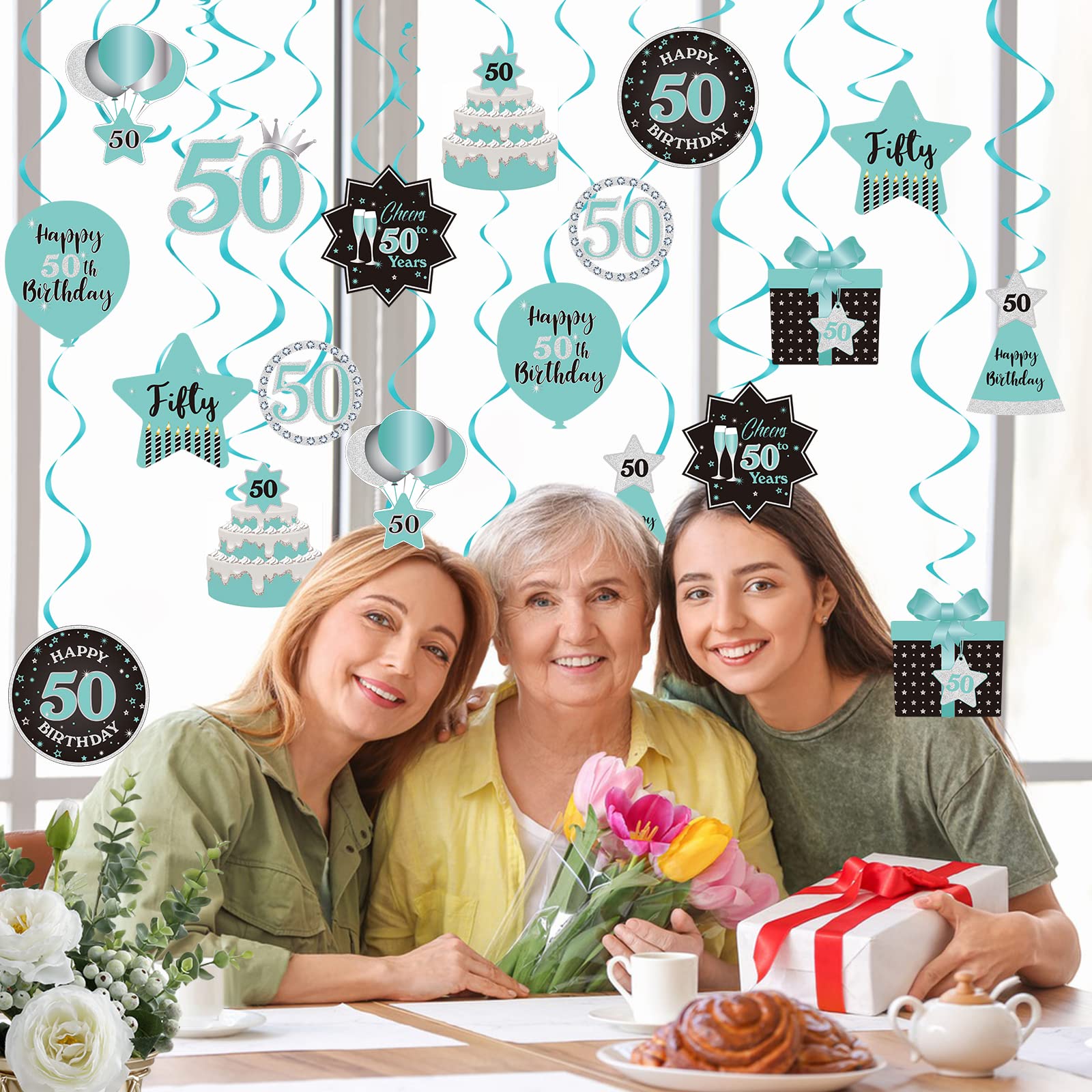 Happy 50th Birthday Party Hanging Swirls Streams Ceiling Decorations, Celebration 50th Foil Hanging Swirls with Cutouts for 50 Years Teal Silver Black Blue Birthday Party Decorations Supplies