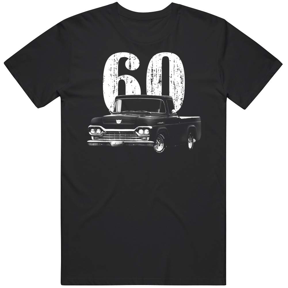 PurpleMonkeyTees 1960 F100 Pickup Truck Front Three Quarter View with Year T Shirt XL Black