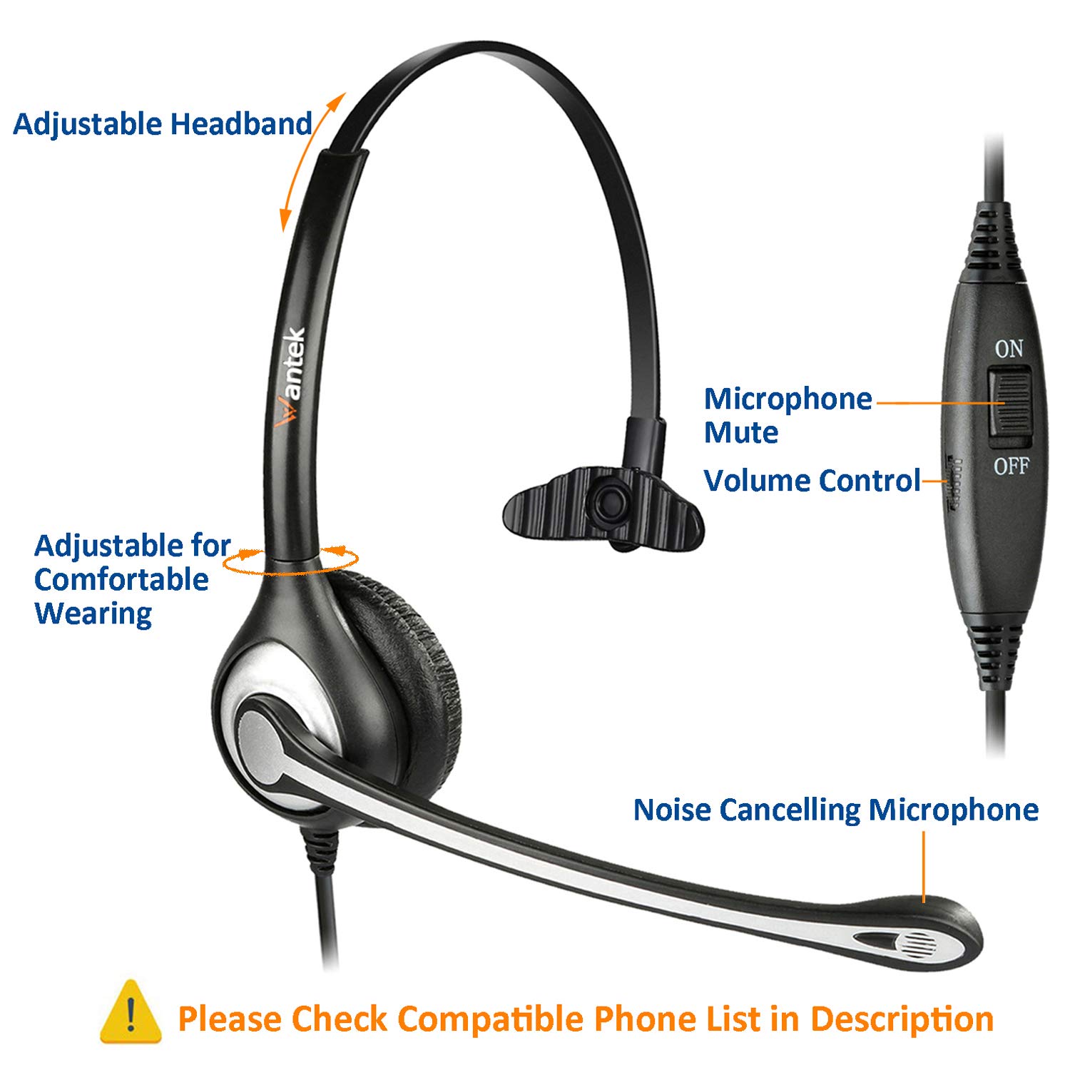 Wantek 2.5mm Telephone Headset with Mic Noise Cancelling, Office Phone Headset Compatible with AT&T ML17929 Panasonic Vtech RCA Uniden Cisco SPA Grandstream Polycom Cordless Dect Phones(F600J25)