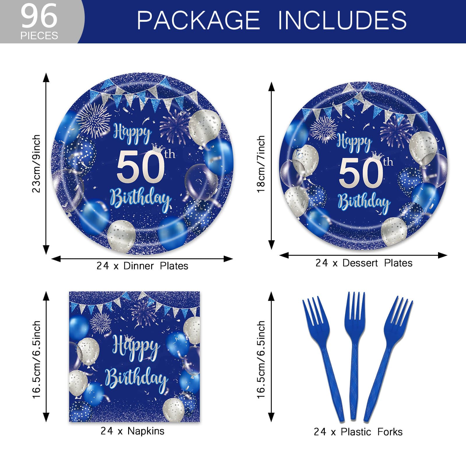 96 Pcs Blue 50th Birthday Party Plates Napkins Tableware Set Happy Birthday Supplies Navy Blue and Silver Disposable Dinnerware Decoration Favors for Women Men 24 Guests