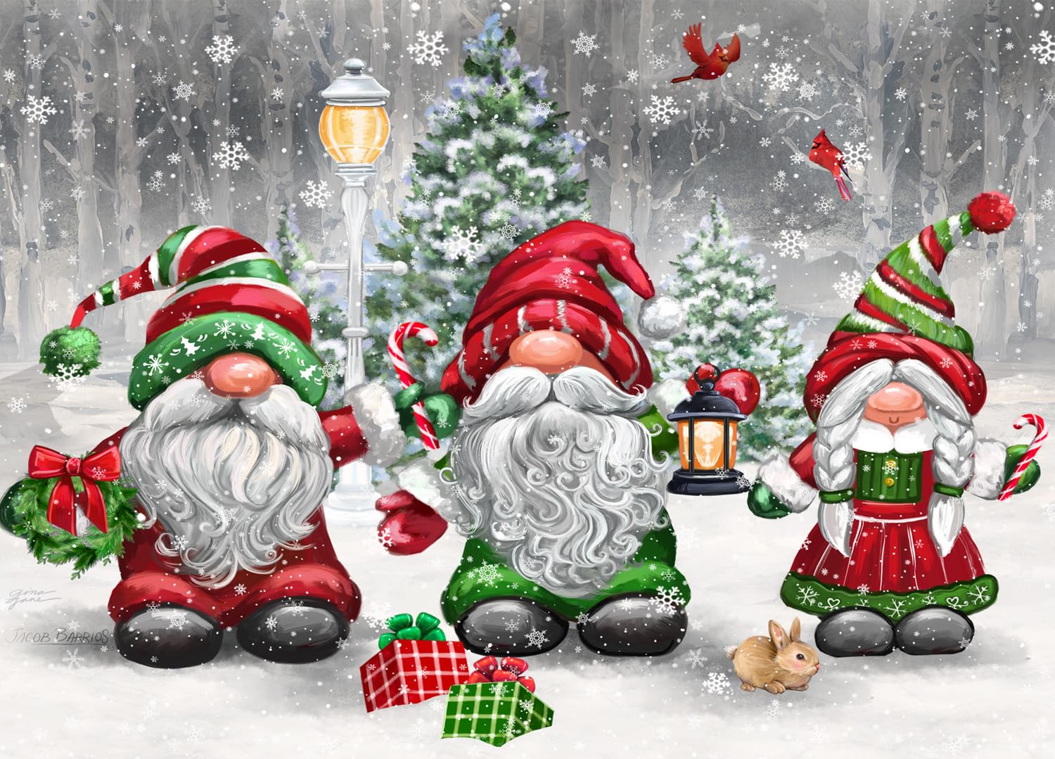 Vermont Christmas Company Box of 'Christmas Gnomes' Christmas Cards - 15 Cards & 16 Foil Lined Envelopes - Packed in Attractive Red Box - Cards measure 4 1/2" x 6 1/4" Folded