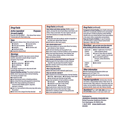 Motrin IB-Ibuprofen Pain Reliever Tablets 200 mg - 100 Coated Caplets (Pack of 3)