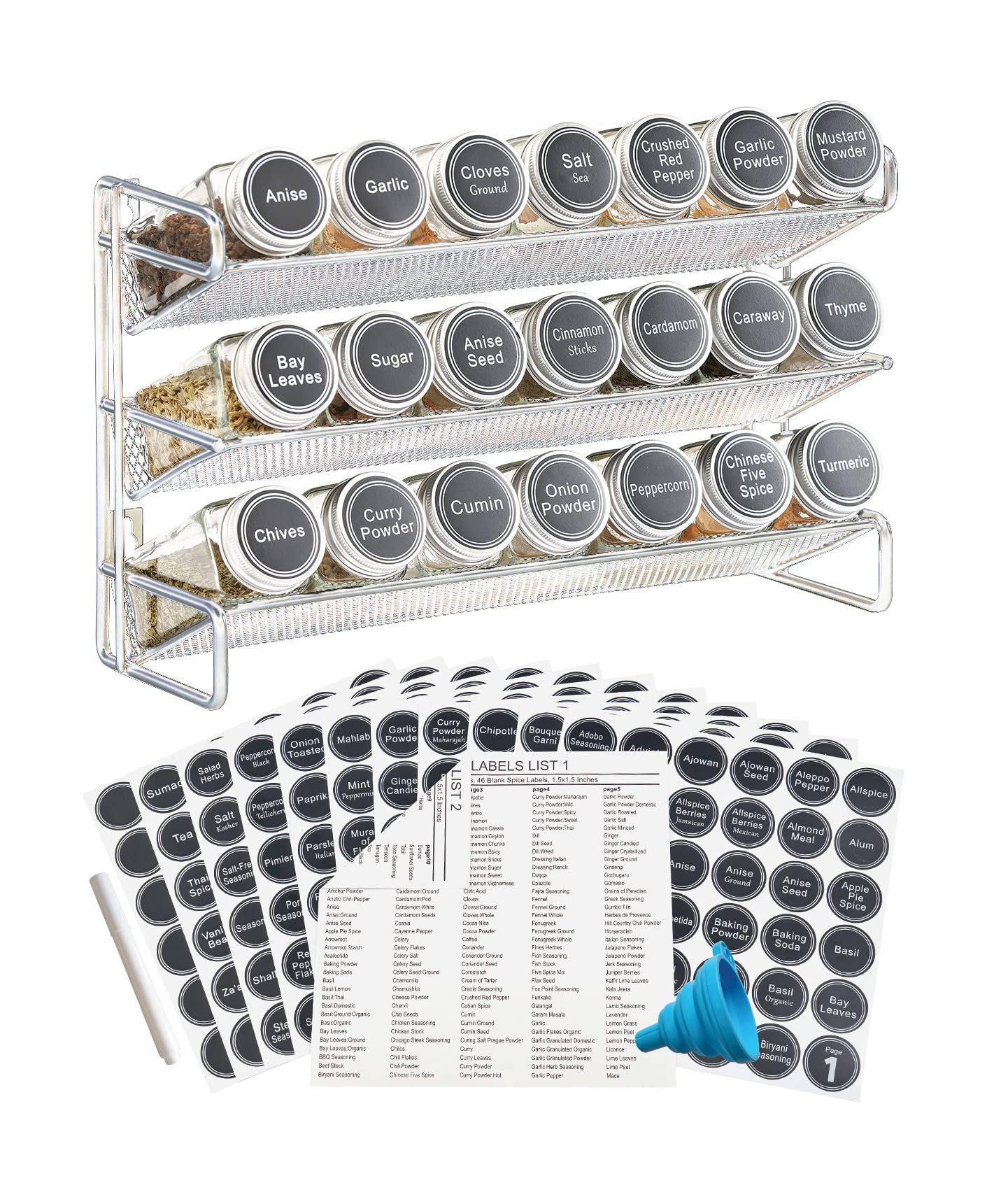 GONGSHI 3 Tier Spice Rack Organizer with 21 Empty Spice Jars, 386 Spice Labels, Chalk Marker and Funnel Set for Countertop Cabinet Pantry or Wall Door Mount - Black