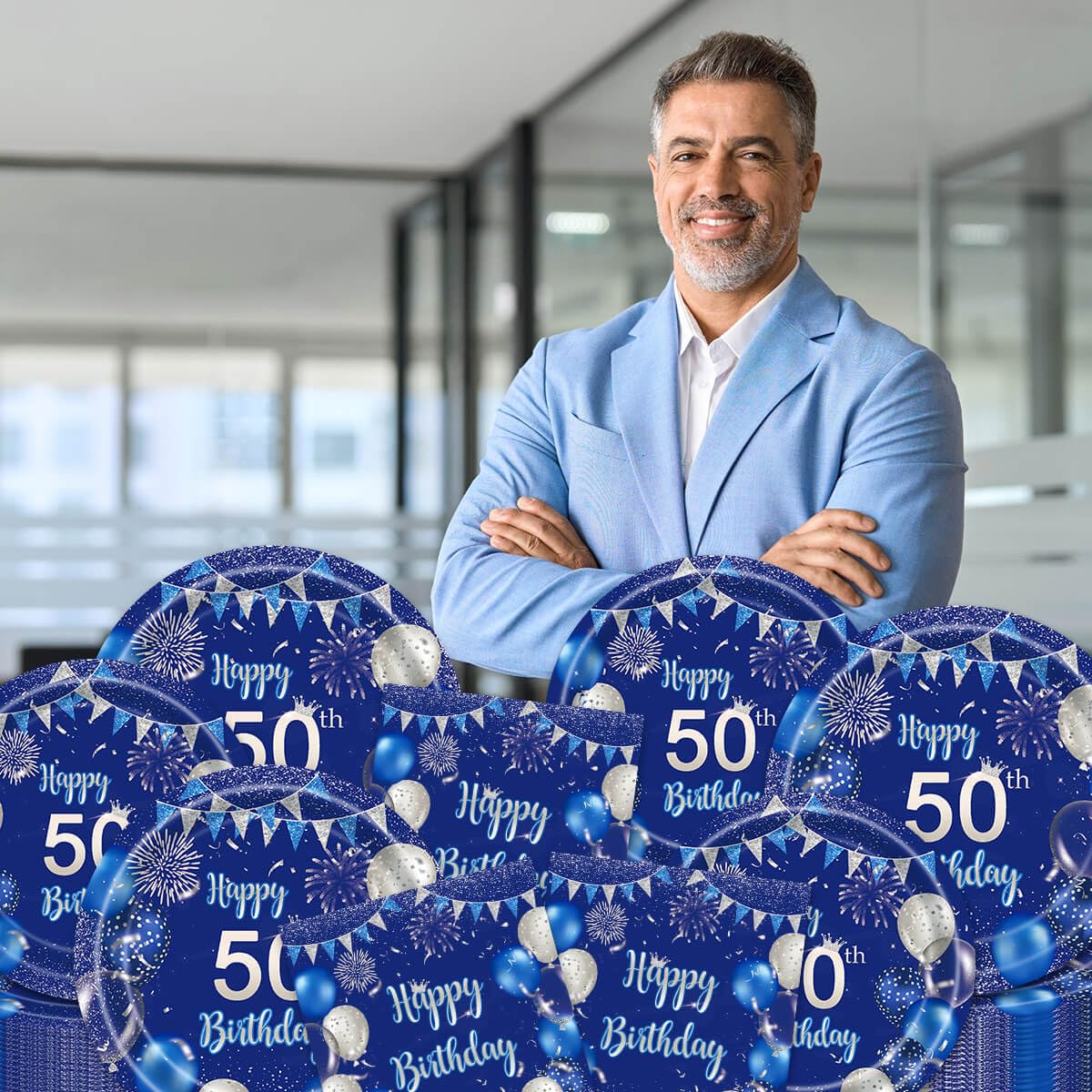 96 Pcs Blue 50th Birthday Party Plates Napkins Tableware Set Happy Birthday Supplies Navy Blue and Silver Disposable Dinnerware Decoration Favors for Women Men 24 Guests