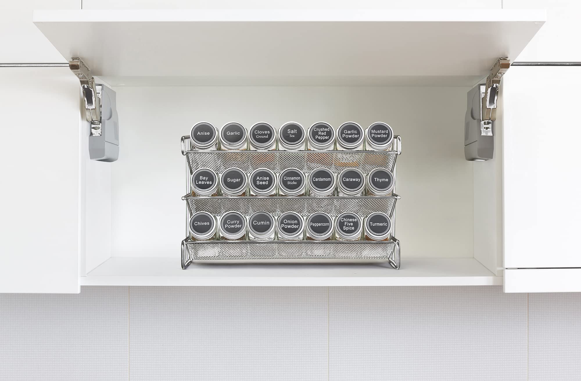 GONGSHI 3 Tier Spice Rack Organizer with 21 Empty Spice Jars, 386 Spice Labels, Chalk Marker and Funnel Set for Countertop Cabinet Pantry or Wall Door Mount - Black