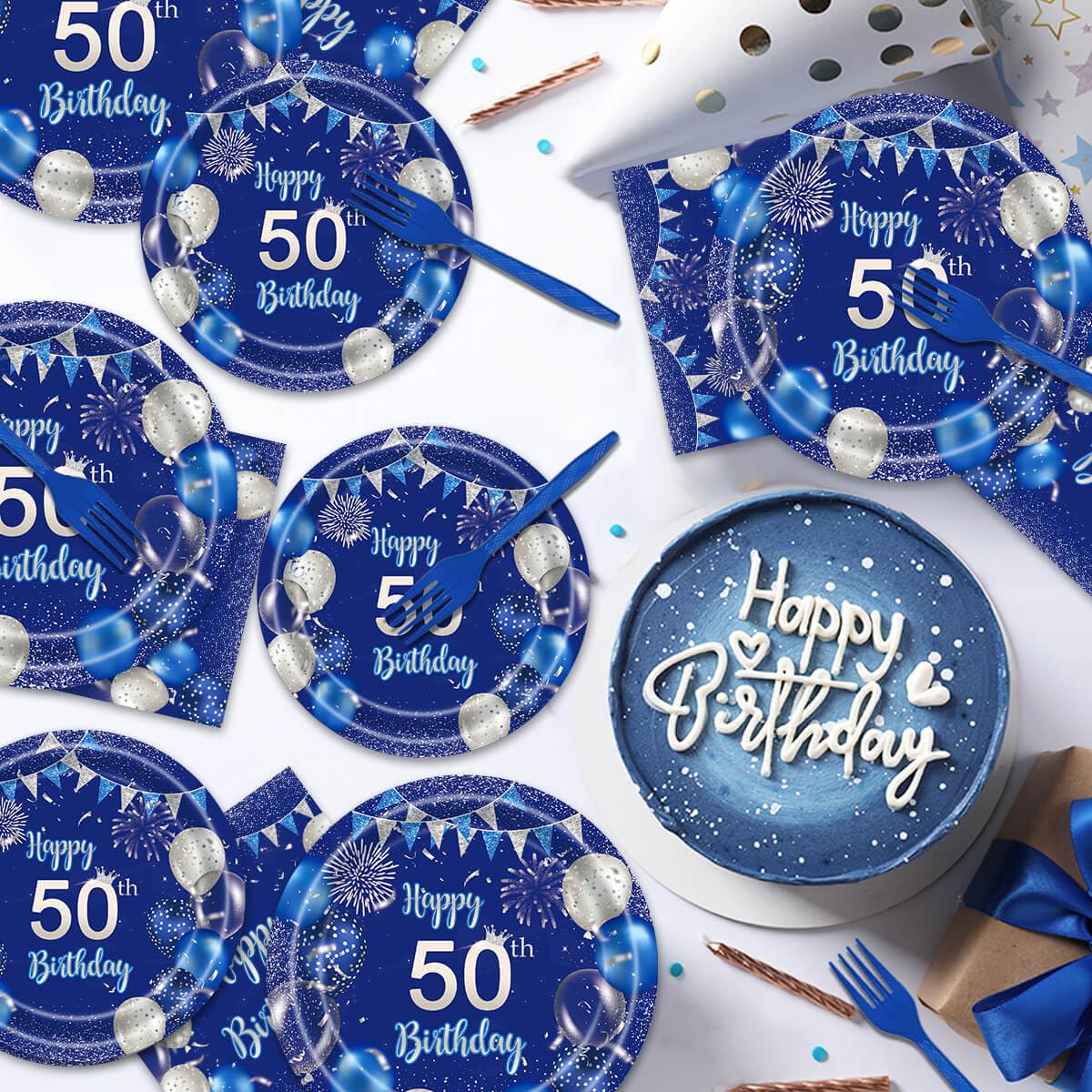 96 Pcs Blue 50th Birthday Party Plates Napkins Tableware Set Happy Birthday Supplies Navy Blue and Silver Disposable Dinnerware Decoration Favors for Women Men 24 Guests