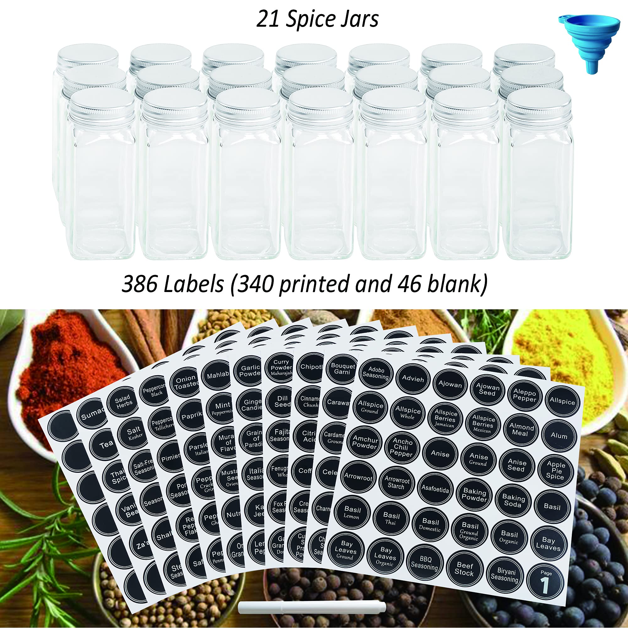 GONGSHI 3 Tier Spice Rack Organizer with 21 Empty Spice Jars, 386 Spice Labels, Chalk Marker and Funnel Set for Countertop Cabinet Pantry or Wall Door Mount - Black