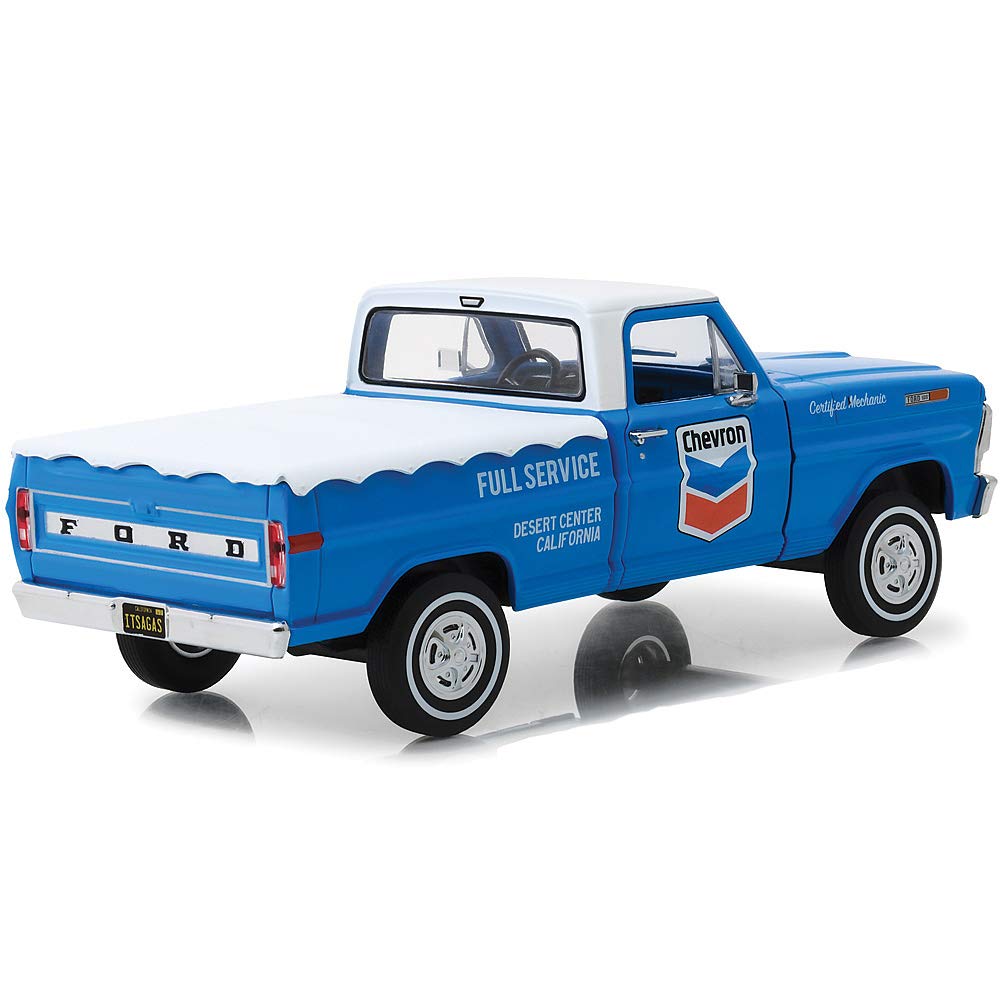Greenlight 1967 Ford F-100 with Bed Cover Chevron Full Service Blue with White Top Running on Empty Series 1/24 Diecast Model Car