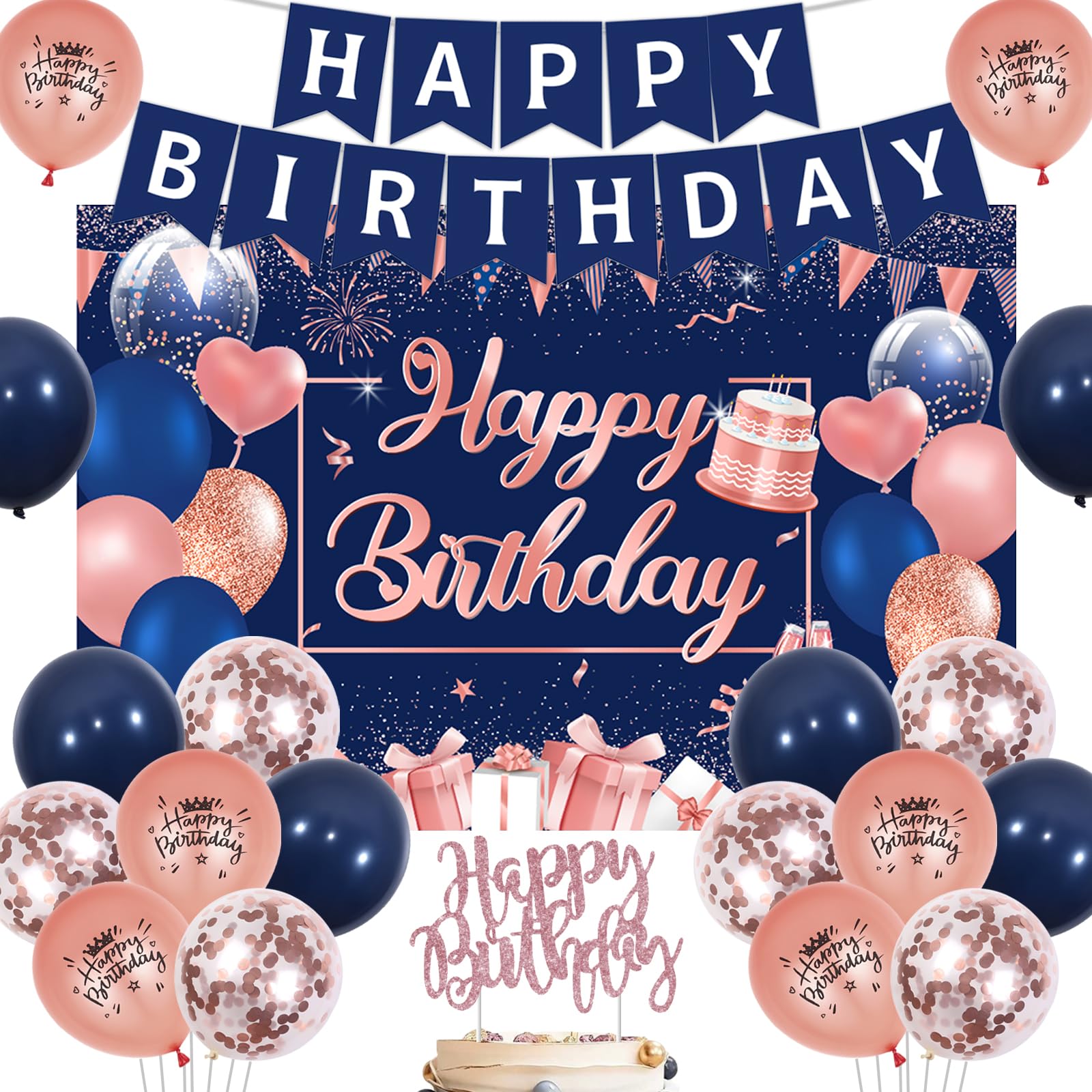 Navy Rose Gold Birthday Decorations Set for Women Girl Happy Birthday Decoration Banner Backdrop Balloon Cake Topper for 16th 18th 21st 50th 60th Birthday Party Supplies