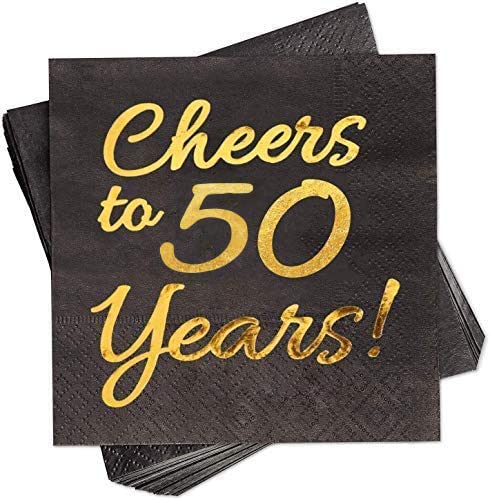 50th Birthday Decorations Men - 50PK - Cheers to 50 Years Napkins 50th Anniversary Decorations 5x5 Inches, Disposable Cocktail Napkins Paper for 50th Wedding Anniversary Decorations Black and Gold