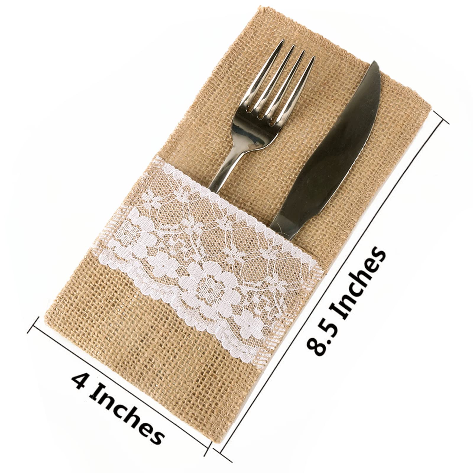FQTANJU 50 PCS 4"x8" Hessian Burlap Lace Wedding Cutlery Holder Pouch Rustic Decorations Favor