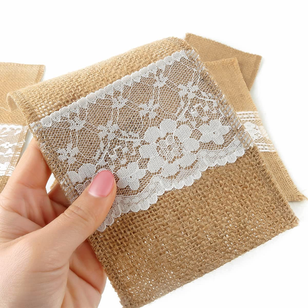FQTANJU 50 PCS 4"x8" Hessian Burlap Lace Wedding Cutlery Holder Pouch Rustic Decorations Favor
