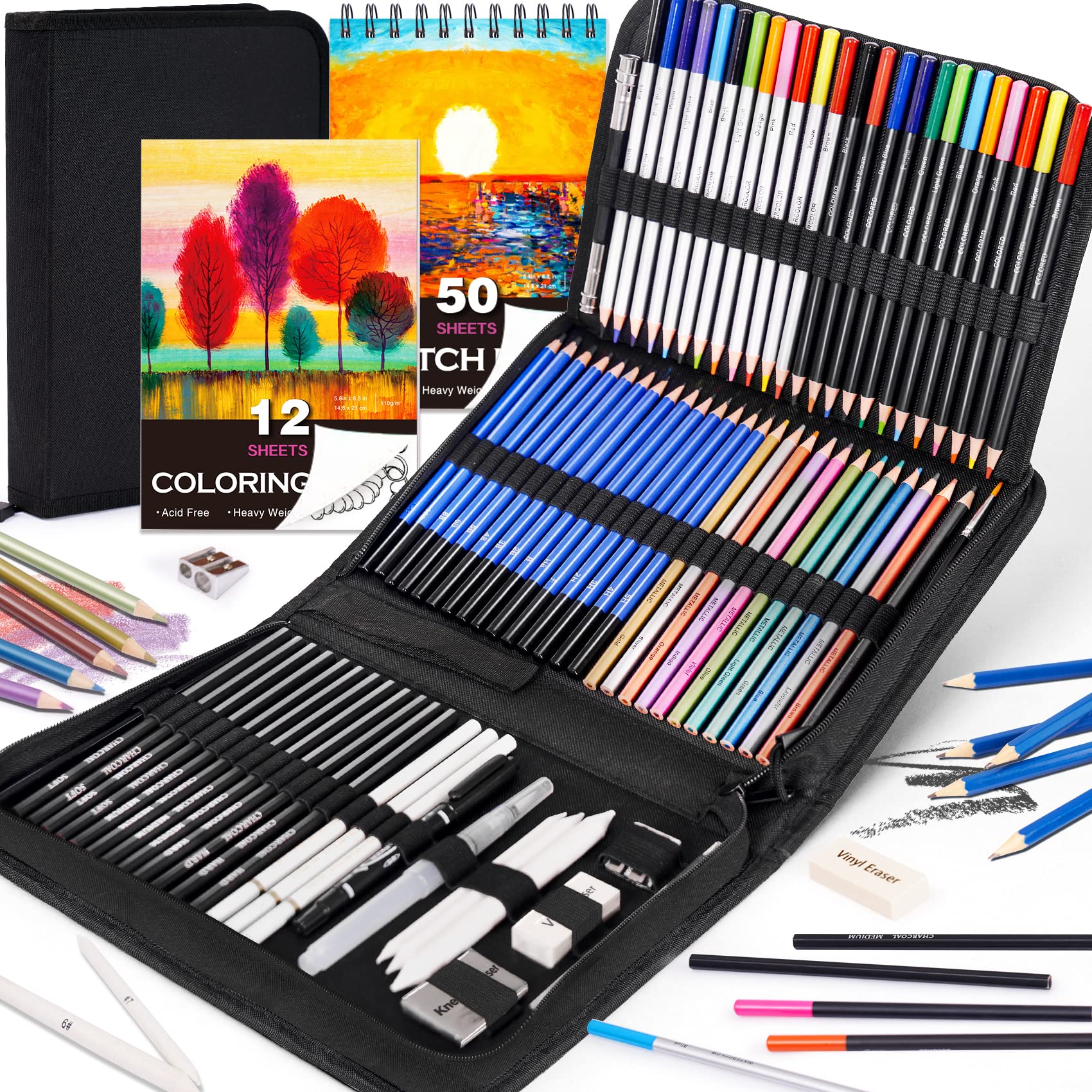 COOL BANK 82 Pack Drawing Set Sketching Kit, Pro Art Supplies with 3-Color Sketchbook, Coloring Book, Colored, Graphite, Charcoal, Watercolor, Metallic Pencil, for Artists Adults Teens Beginners