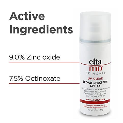 EltaMD UV Clear SPF 46 Face Sunscreen, Broad Spectrum Sunscreen for Sensitive Skin and Acne-Prone Skin, Oil-Free Mineral-Based Sunscreen Lotion with Zinc Oxide, Dermatologist Recommended, 1.7 oz Pump