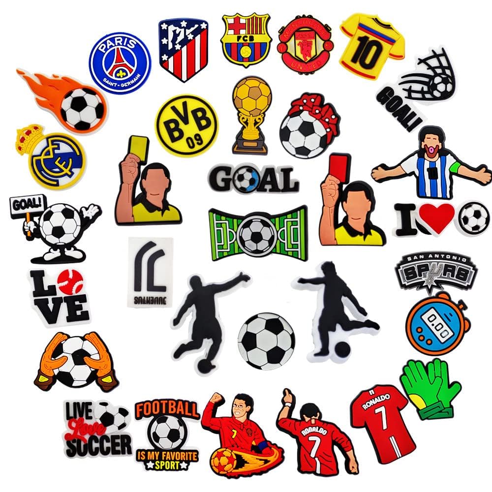 32PCS Soccer Shoe Charms for Croc Clog Decoration Sports Ball Sandals Accessories for Boys Men Teens Girls Women Party's Favor