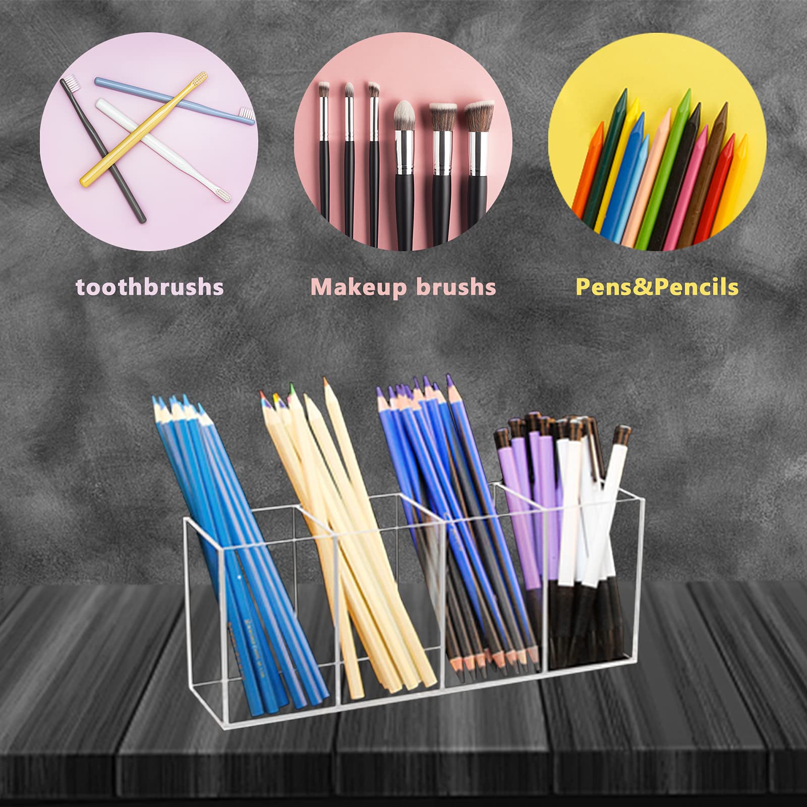 Acrylic Pen Holder 4 Compartments,Clear Pen Holder Organizer Makeup Brush Holder for Office Desk Accessories,Cosmetic Brush Storage Box,Dorm,Bathroom,Kitchen (Clear)