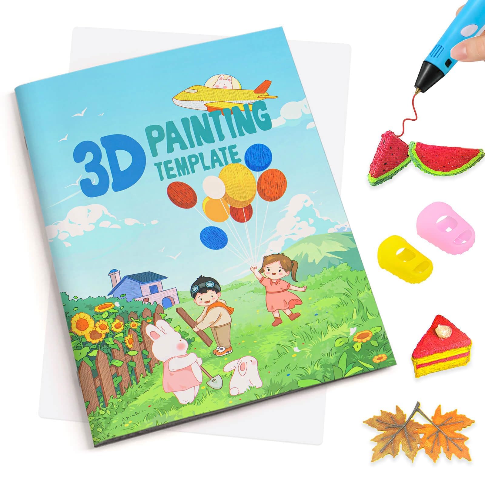 3D Printing Drawing Book, Reusable Colorful 40 Patterns Thick Paper Template with a Clear Plate, Painting Graffiti Template for 3D Pen Kids DIY Gift