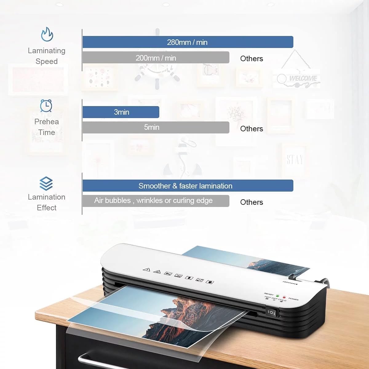 Laminator, A4 Laminator Machine, 4 in 1 Thermal Laminator for Home Office School Use, 9 inches Max Width, Quick Warm-Up, Paper Trimmer, Corner Rounder (15 Laminating Pouches)