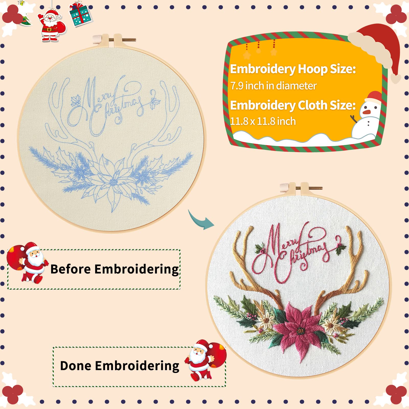 Canlierr 10 Sets Embroidery Kit with Patterns and Instructions DIY Adult Beginner Embroidery Kits for Beginners Adults Embroidery Supplies (Christmas Style)
