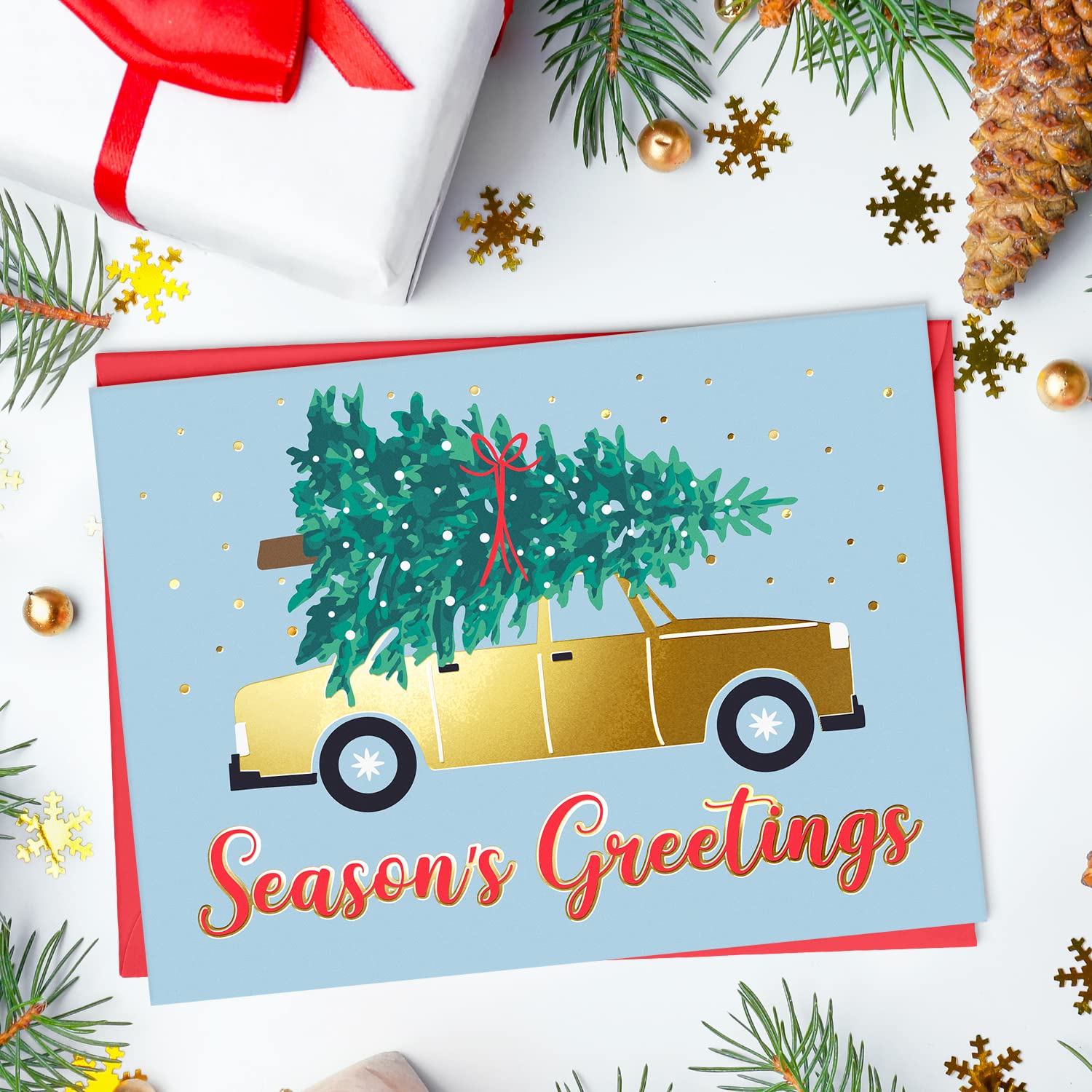 Christmas Cards Set - 24 Gold Foil Holiday Cards with Red Envelopes – 6 Assorted Designs Boxed for Easy Storage - 4.25 x 5.75, Bulk Greeting and New Years Decor Sheets
