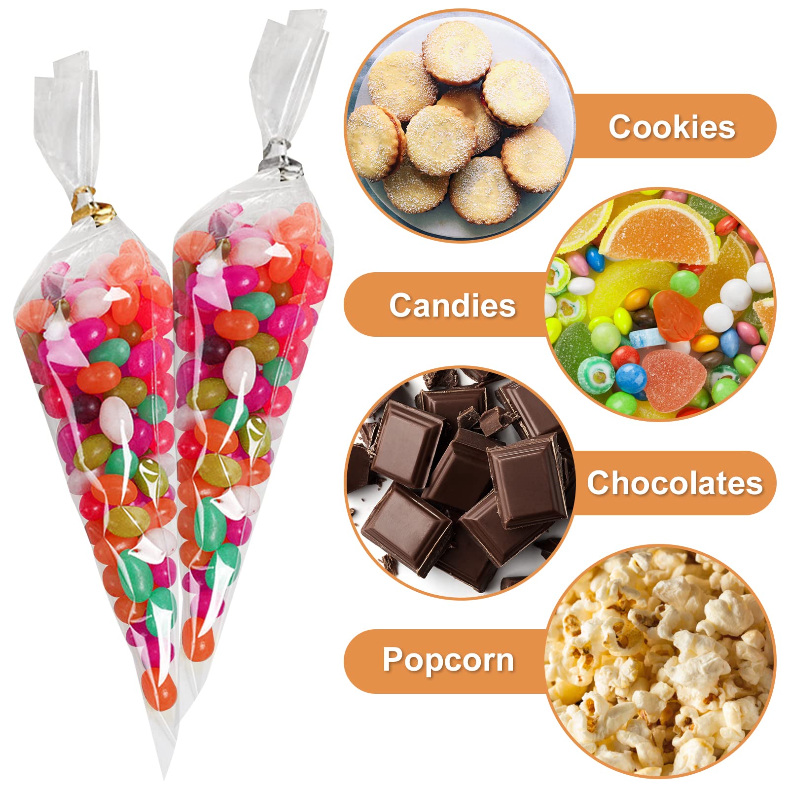 SBYURE 200 Pcs Clear Cone Shaped Treat Bags Cellophane Triangle Candy Bags with 200 Twist Ties for Favor Candy Popcorn Handmade Cookies Sweets Crafts,15'' x7''