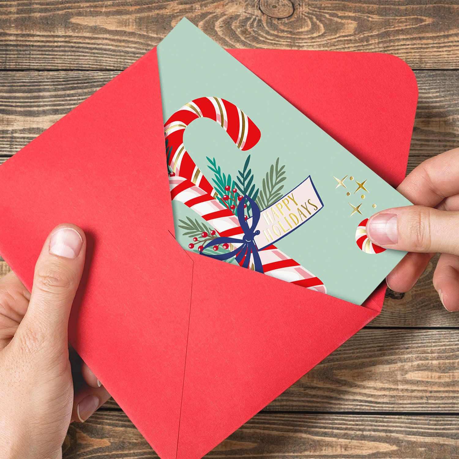 Christmas Cards Set - 24 Gold Foil Holiday Cards with Red Envelopes – 6 Assorted Designs Boxed for Easy Storage - 4.25 x 5.75, Bulk Greeting and New Years Decor Sheets