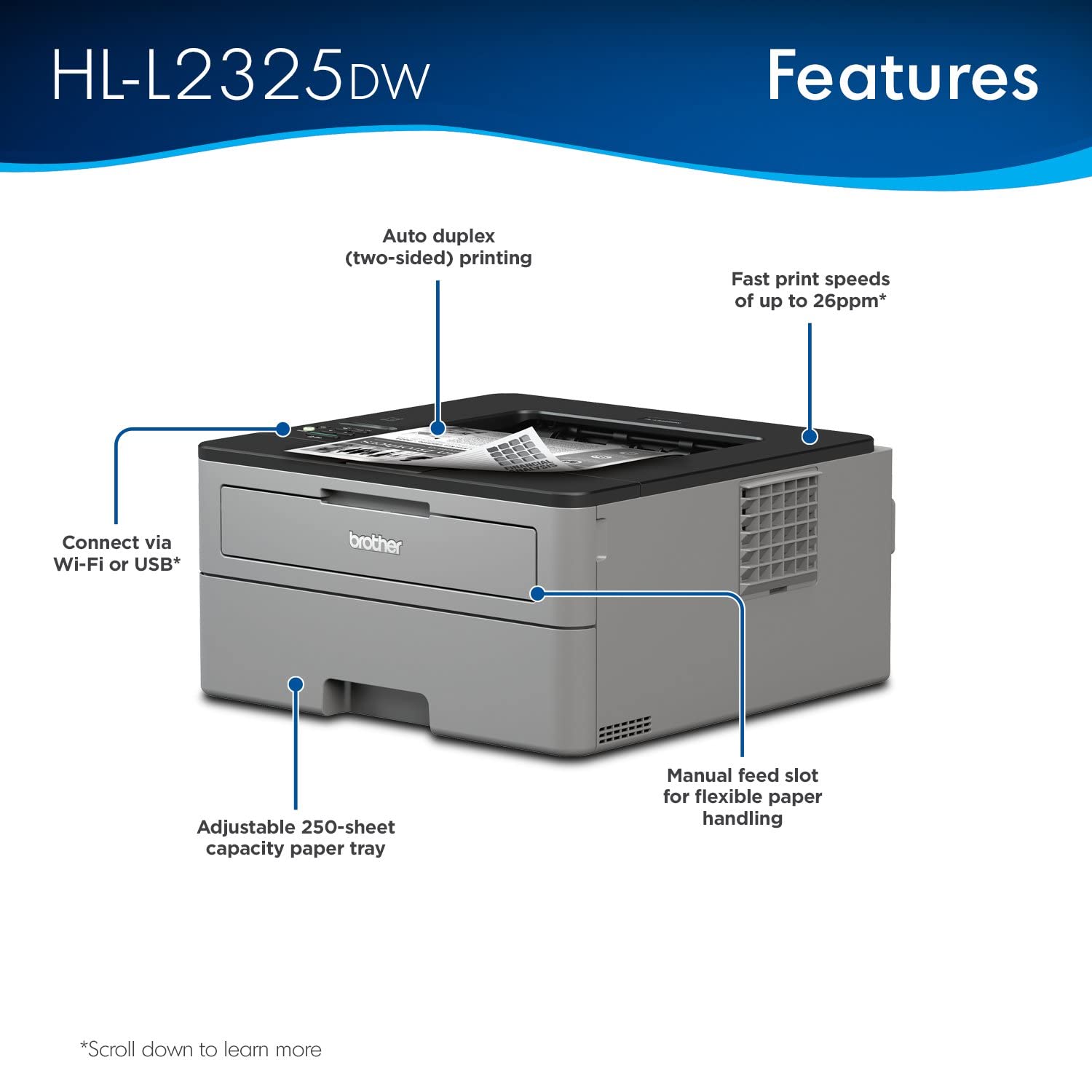 New Brother Compact Monochrome Laser Printer, HL-L23 25DW, Automatic Duplex (2-Sided) Printing, Wireless Networking, Durlyfish USB Printer Cable