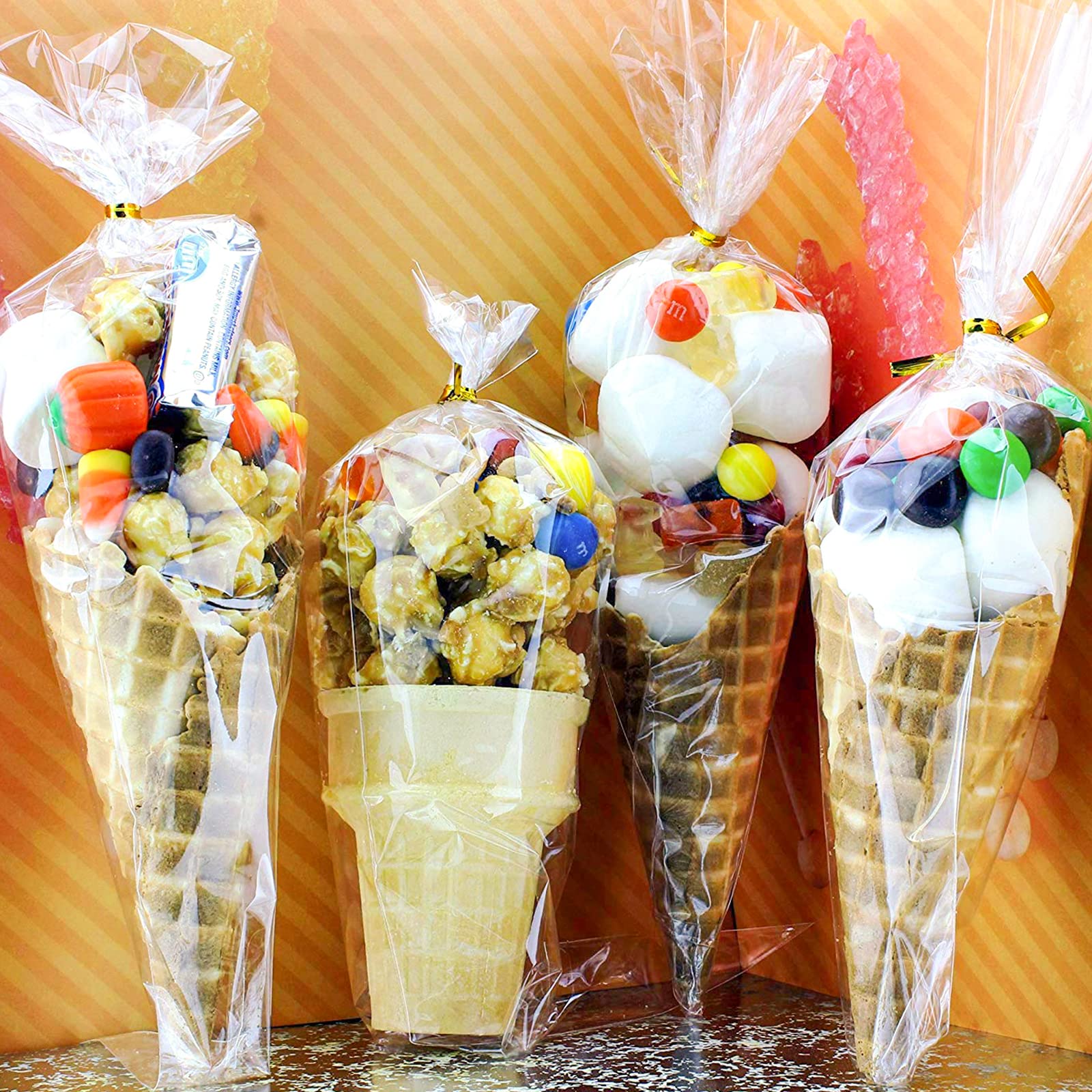 SBYURE 200 Pcs Clear Cone Shaped Treat Bags Cellophane Triangle Candy Bags with 200 Twist Ties for Favor Candy Popcorn Handmade Cookies Sweets Crafts,15'' x7''