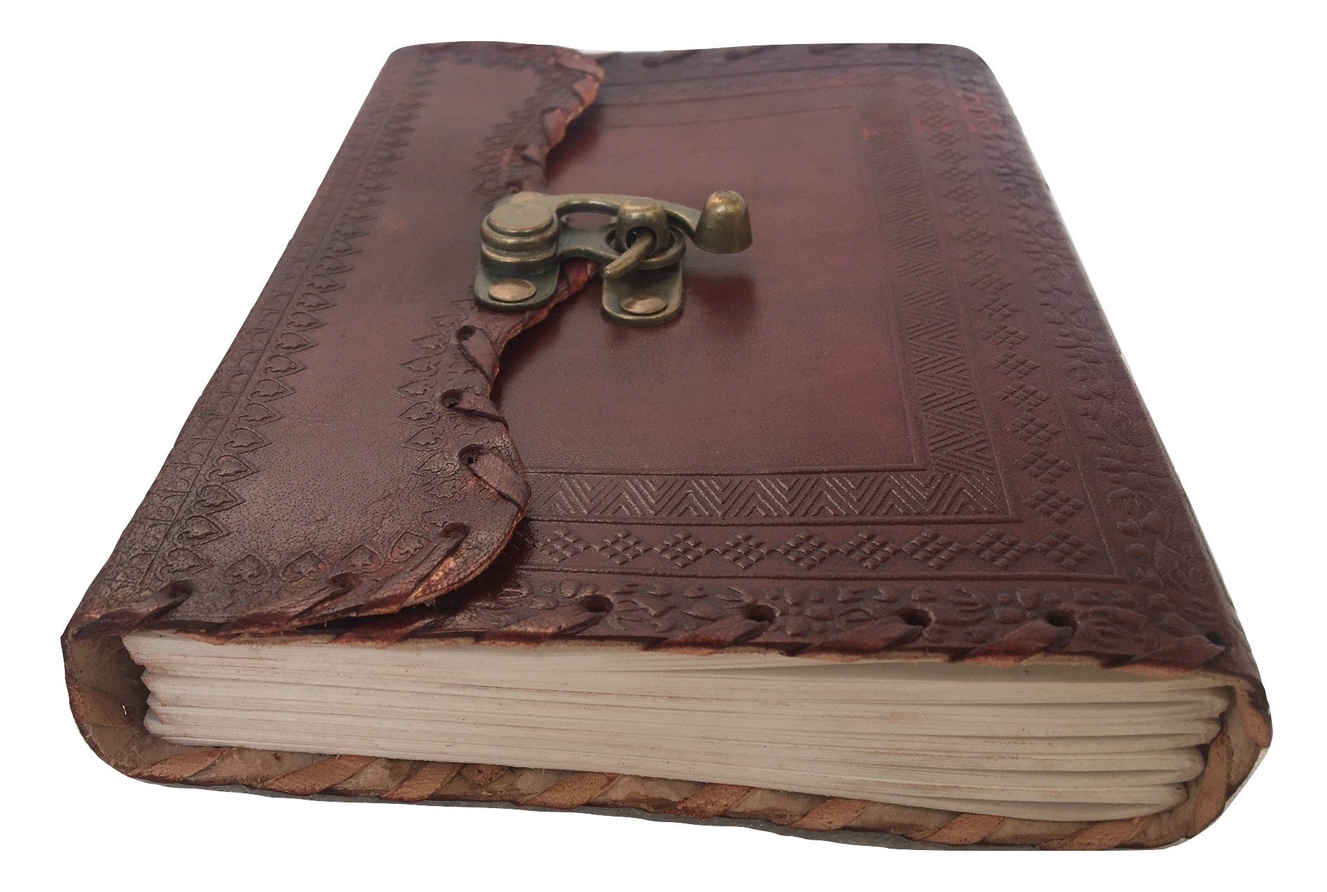 Genuine Leather Journal Notebook - Antique Vintage Bound Journals for Men & Women - 7 x 5 Inch Unlined Paper Handmade Planner Travel Writing Dairy with Lock, Sketchbook for Drawing