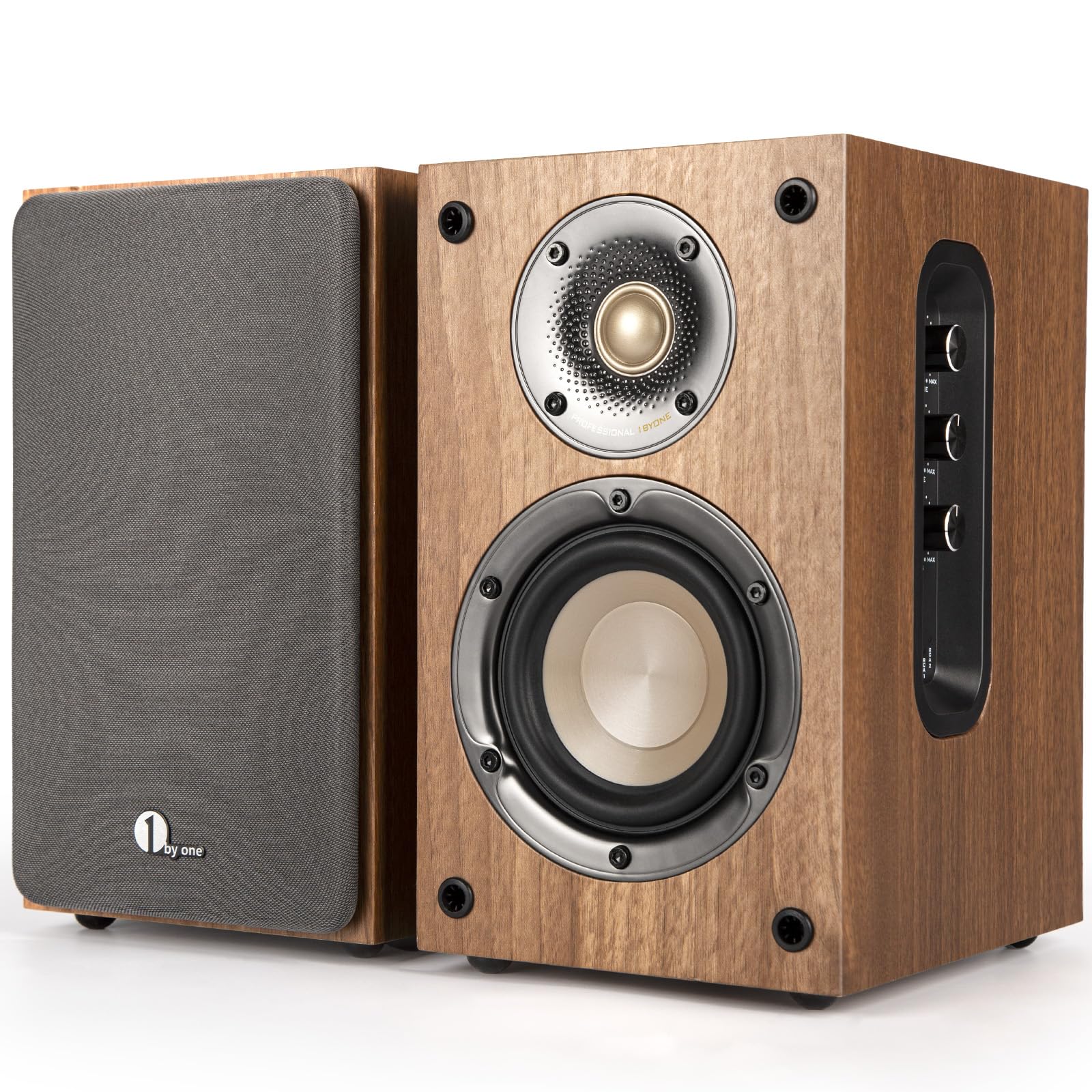 1 by ONE Bluetooth Bookshelf Speakers, Active 2 Way Speakers with 60 Watts RMS, 100 Watts Peak Power, Turntable Speakers with RCA x 2/Bluetooth/Coaxial/Optical