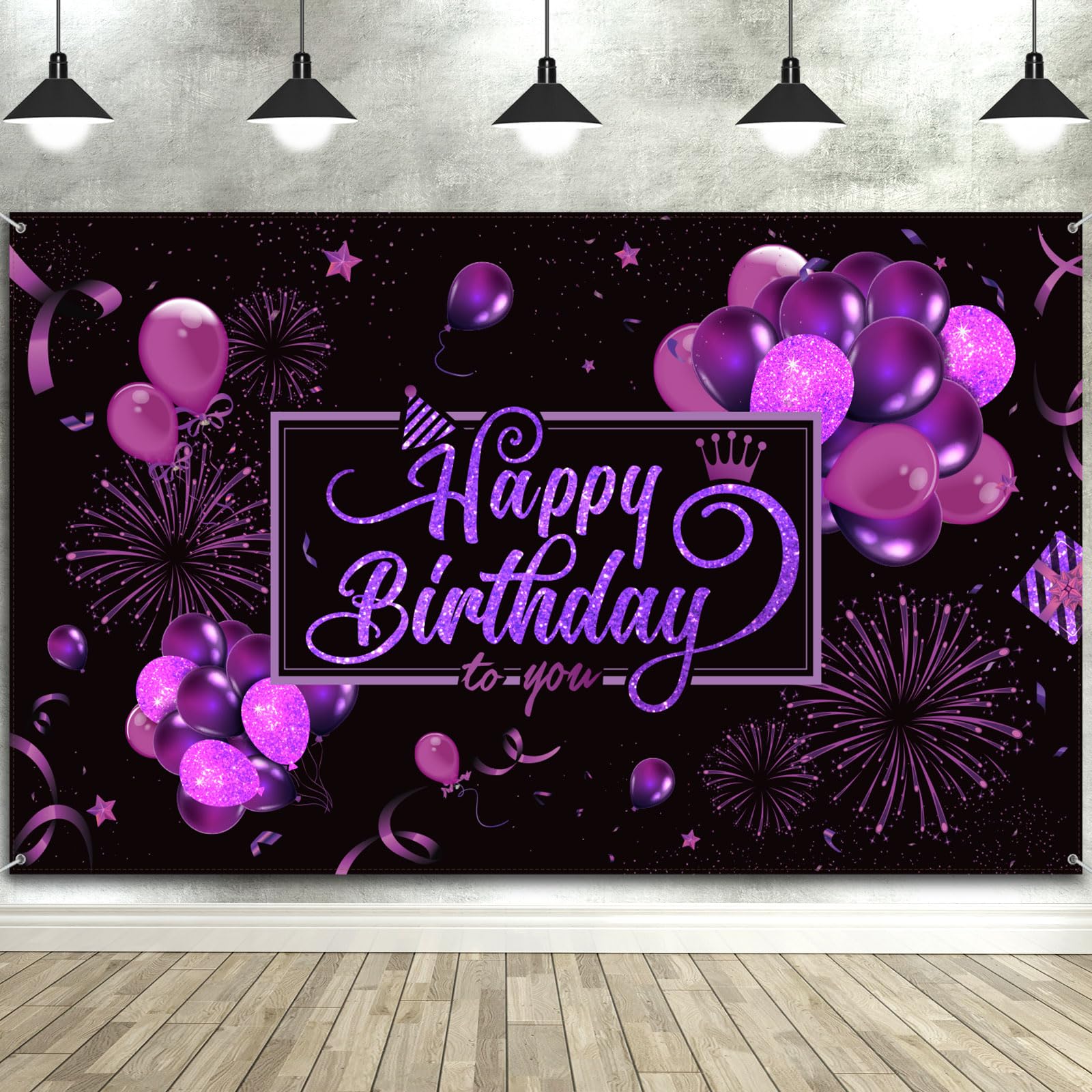 Blulu Happy Birthday Backdrop Banner Sign Poster Large Fabric Glitter Balloon Fireworks Sign Photo Backdrop Background for Birthday Party Decoration Supplies, 72.8 x 43.3in(Black and Purple)