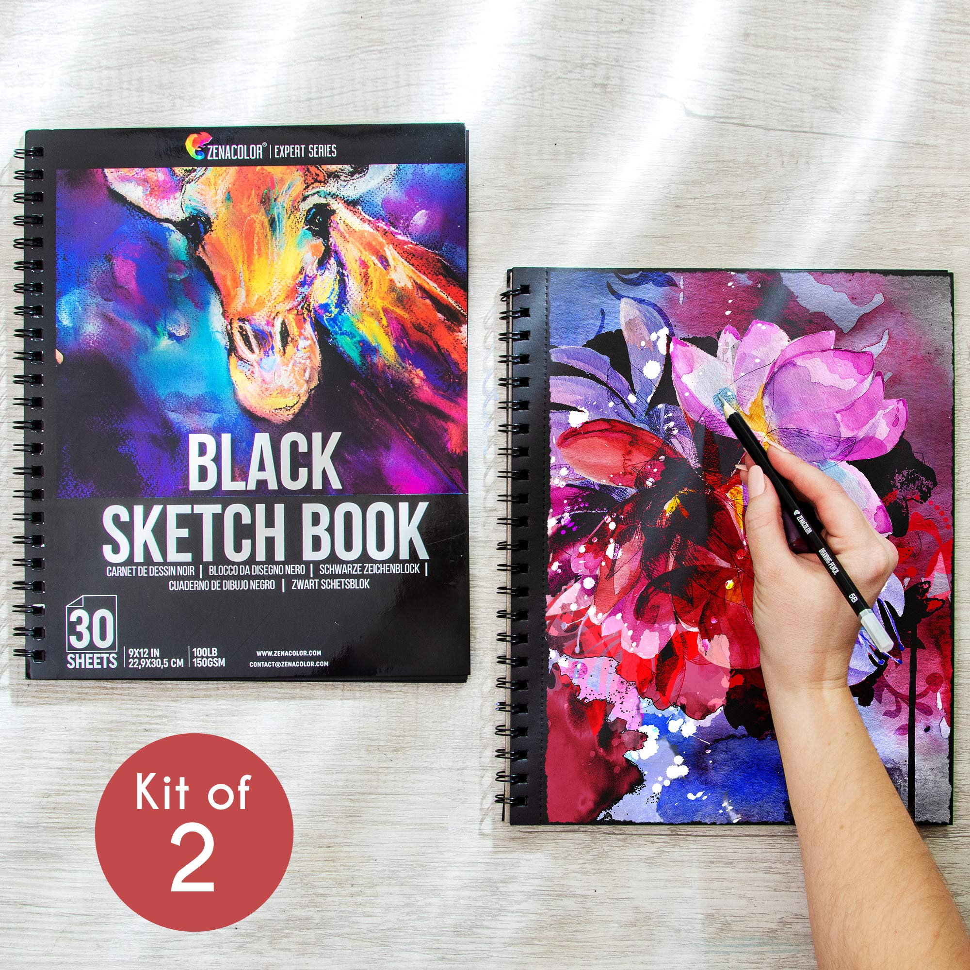 Black Sketchbook (Pack of 2, 60 Sheets) 9X12β - Heavyweight Paper 150GSM / 100 lbs, Perfect for Graphite & Colored Pencils, Charcoal, Chalk, Pack of 2 x Professional Black Drawing Paper ZENACOLOR