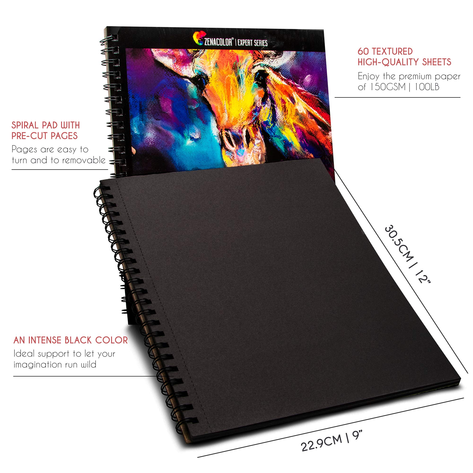 Black Sketchbook (Pack of 2, 60 Sheets) 9X12β - Heavyweight Paper 150GSM / 100 lbs, Perfect for Graphite & Colored Pencils, Charcoal, Chalk, Pack of 2 x Professional Black Drawing Paper ZENACOLOR