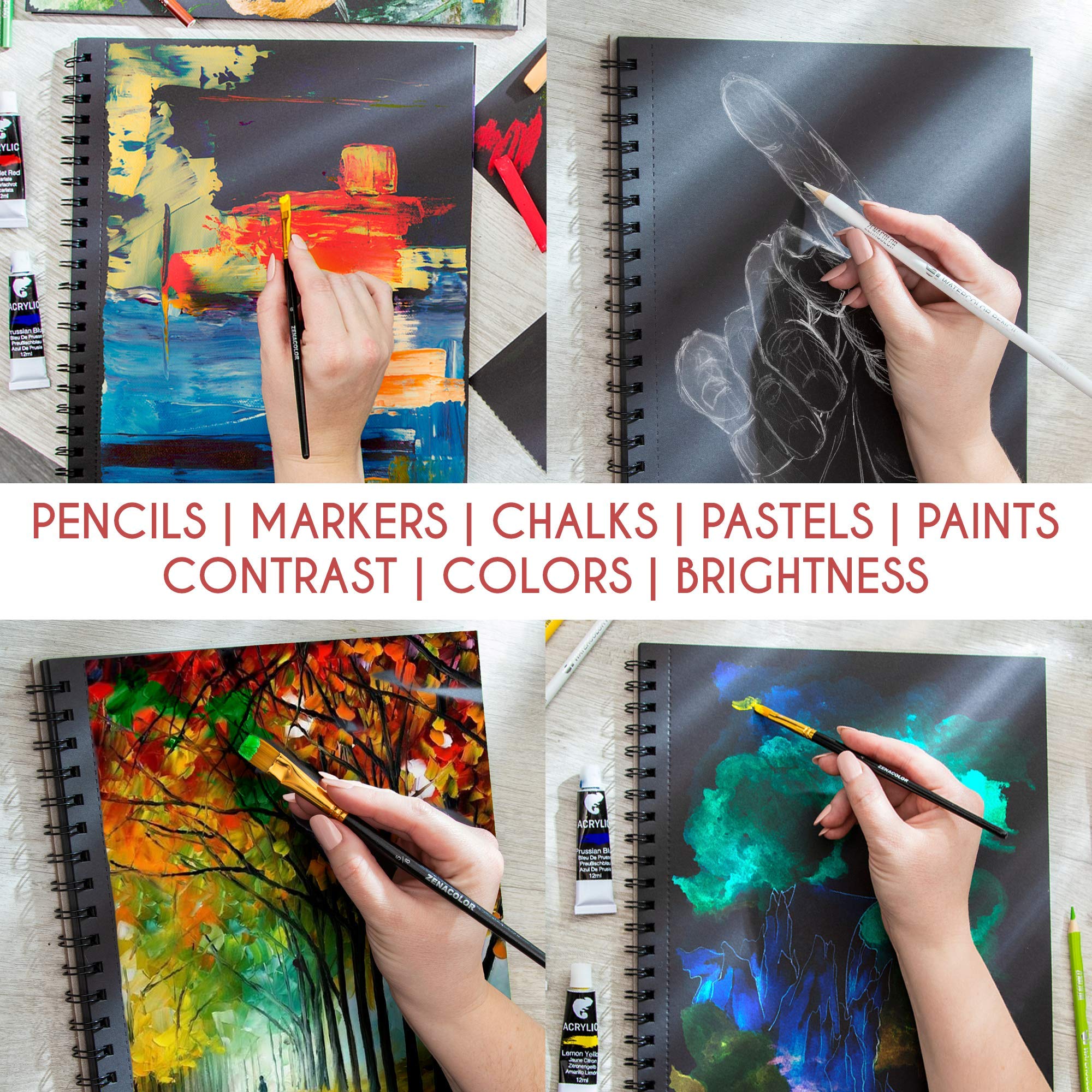 Black Sketchbook (Pack of 2, 60 Sheets) 9X12β - Heavyweight Paper 150GSM / 100 lbs, Perfect for Graphite & Colored Pencils, Charcoal, Chalk, Pack of 2 x Professional Black Drawing Paper ZENACOLOR