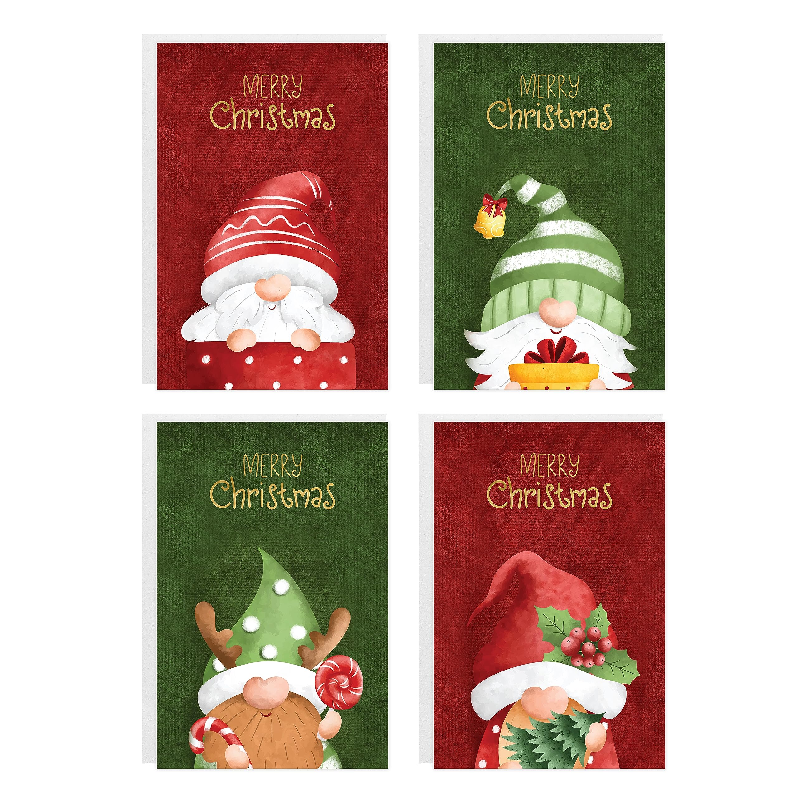 easykart labels 20 Christmas Gnome Cards with Envelopes & Sealing Stickers, 4 Christmas Theme Santa Designs With Gold Foling effect, 6.75" x 4.5" For Friends, Family and loved Ones