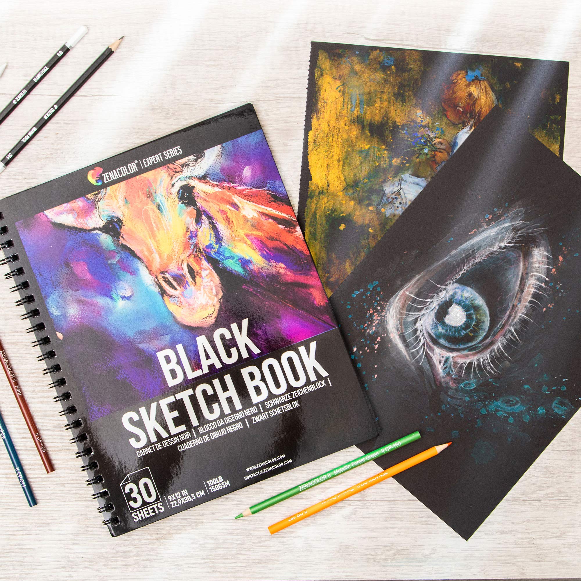 Black Sketchbook (Pack of 2, 60 Sheets) 9X12β - Heavyweight Paper 150GSM / 100 lbs, Perfect for Graphite & Colored Pencils, Charcoal, Chalk, Pack of 2 x Professional Black Drawing Paper ZENACOLOR