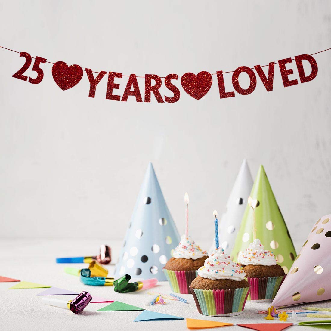 Red 25 Year Loved Banner, Red Glitter Happy 25th Birthday Party Decorations, Supplies