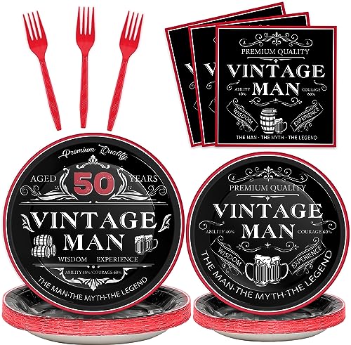 gisgfim 96 Pcs Vintage 50th Plates and Napkins Party Supplies Set Cheers to 50 Years Party Disposable Tableware Decorations Favors for Men 1973 50th Red Birthday Party for 24 Guests