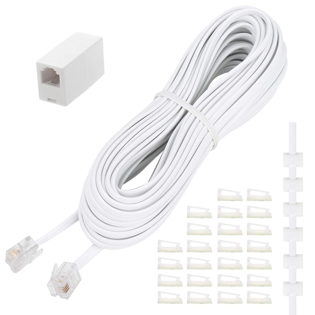 Uvital Phone Extension Cord 33 Ft, Telephone Cable with Standard RJ11 Plug and 1 in-Line Couplers and 20 Cable Clip Holders, White