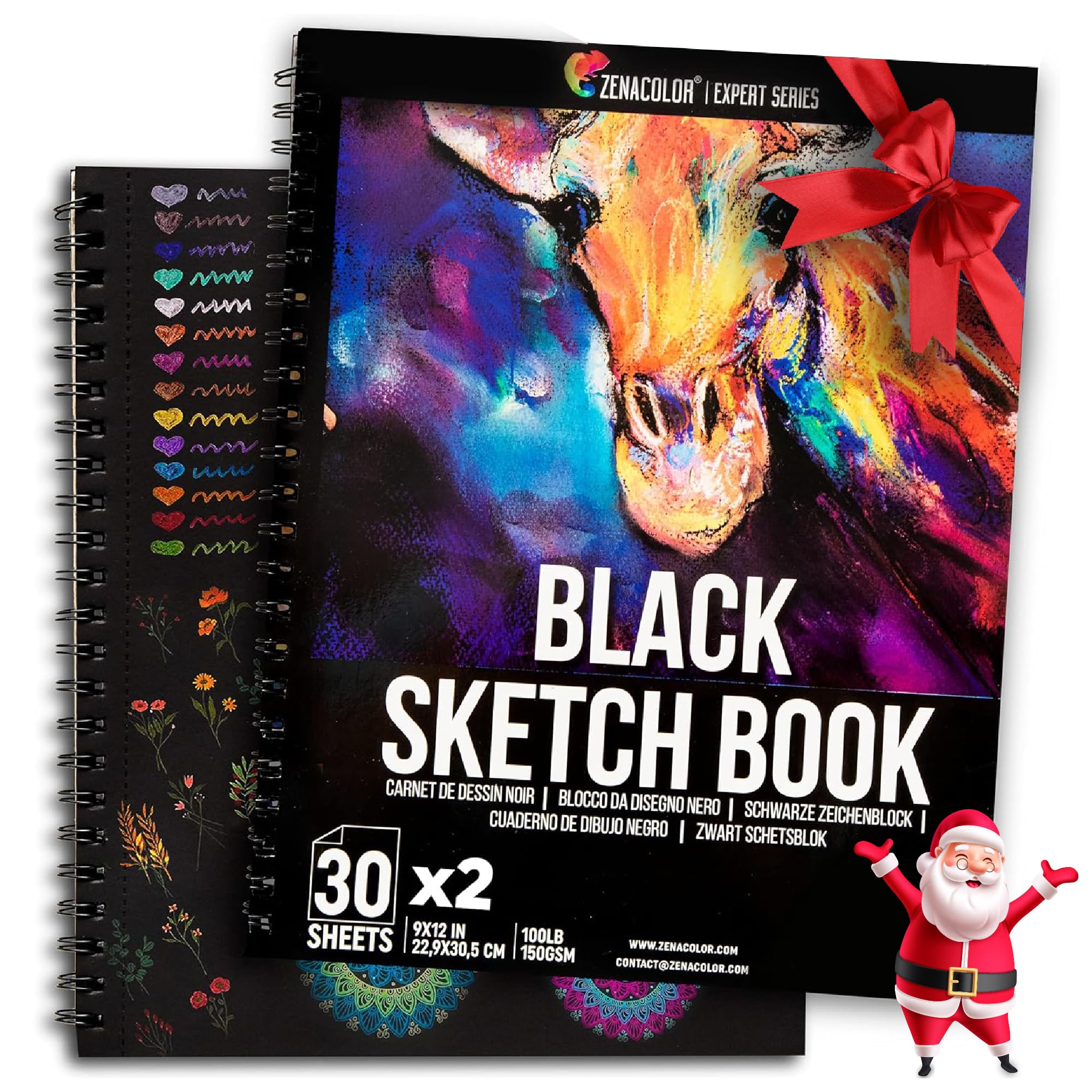Black Sketchbook (Pack of 2, 60 Sheets) 9X12” - Heavyweight Paper 150GSM / 100 lbs, Perfect for Graphite & Colored Pencils, Charcoal, Chalk, Pack of 2 x Professional Black Drawing Paper ZENACOLOR
