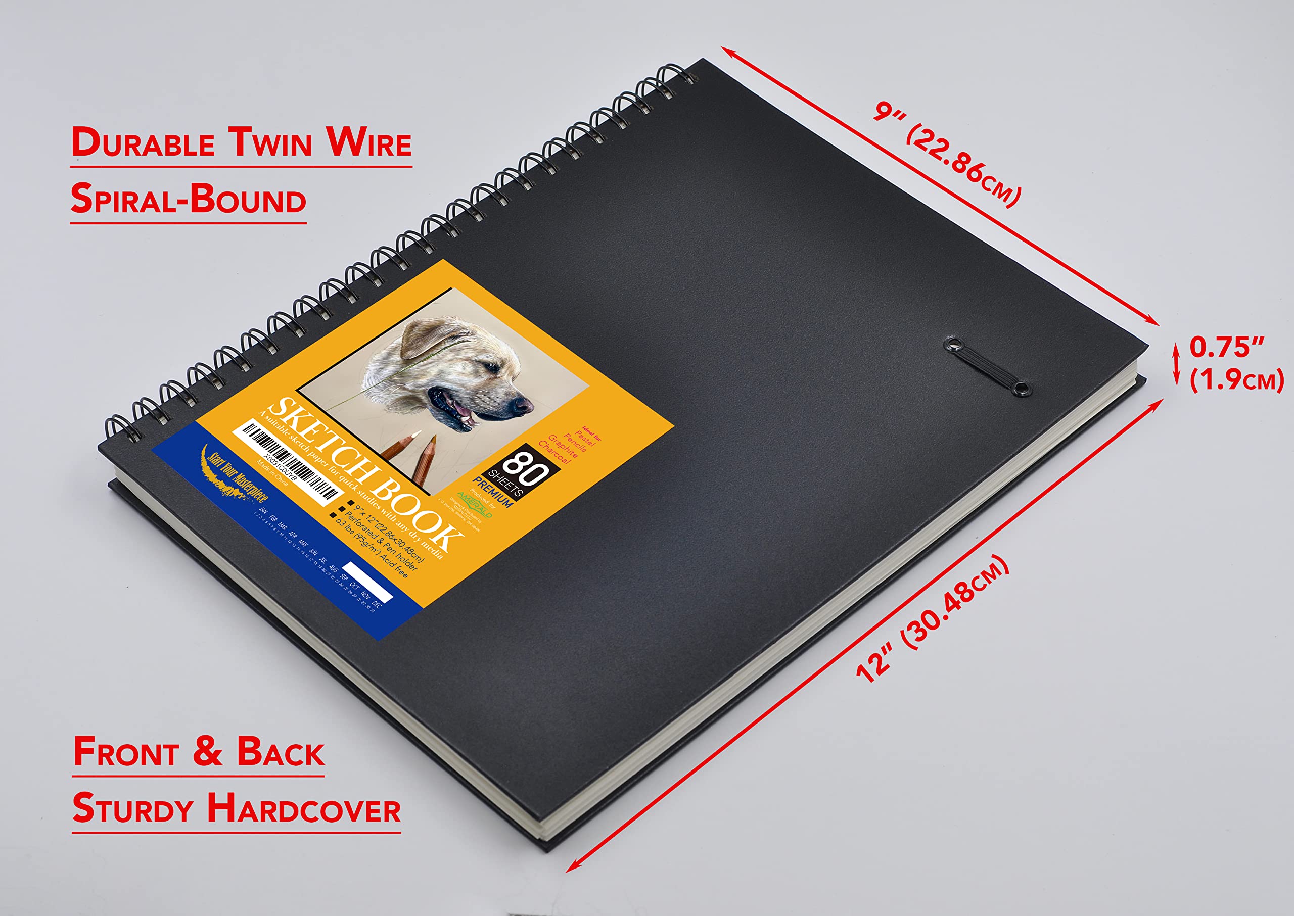 Hardcover Sketch Book, 9"x12", Spiral Wire and Pencil Holder, Universal Sketch Paper with Perforated Line, 80 Sheets, Acid Free, Perfect for Pencil, Pastel, Graphite, and Charcoal, etc.