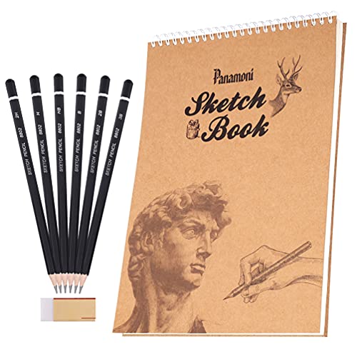 Panamoni Sketch Book, 9×12 inches Sketch Pad, 6 PCS Sketch Pencils and Eraser Included