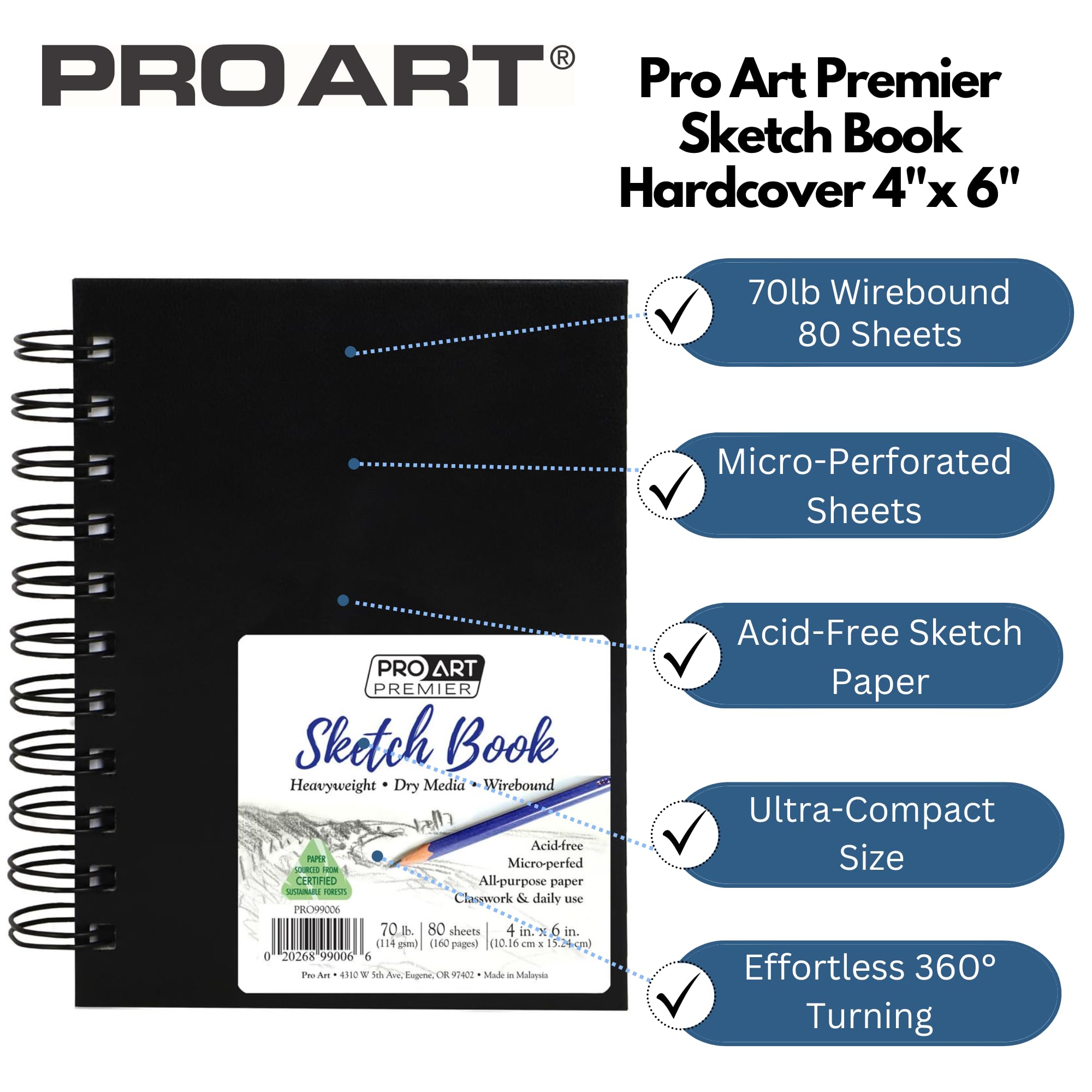 Pro Art Premium Sketch Book 4"x6" 80 Sheets, 70#, Wire, Sketch Book, Sketchbook, Drawing Pad, Pad, Drawing Paper, Art Book, Paper, Sketchbook for