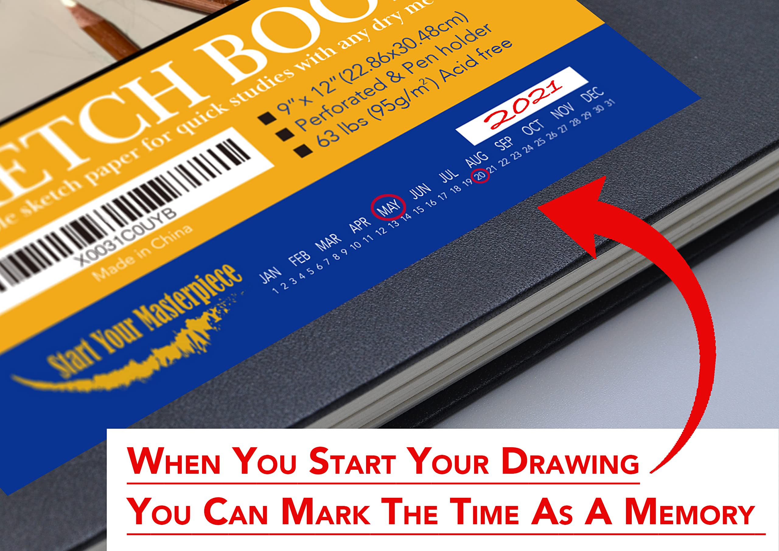 Hardcover Sketch Book, 9"x12", Spiral Wire and Pencil Holder, Universal Sketch Paper with Perforated Line, 80 Sheets, Acid Free, Perfect for Pencil, Pastel, Graphite, and Charcoal, etc.