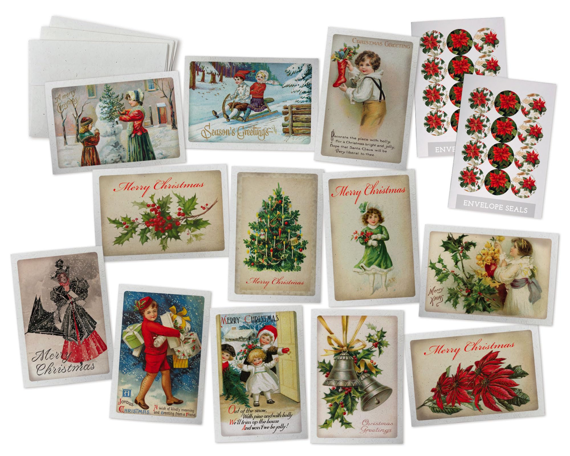 Hill Valley Greetings Vintage Christmas Greeting Card - 24 Antique Textured Style Cards & Envelopes - 12 Unique Retro Holiday Illustrations