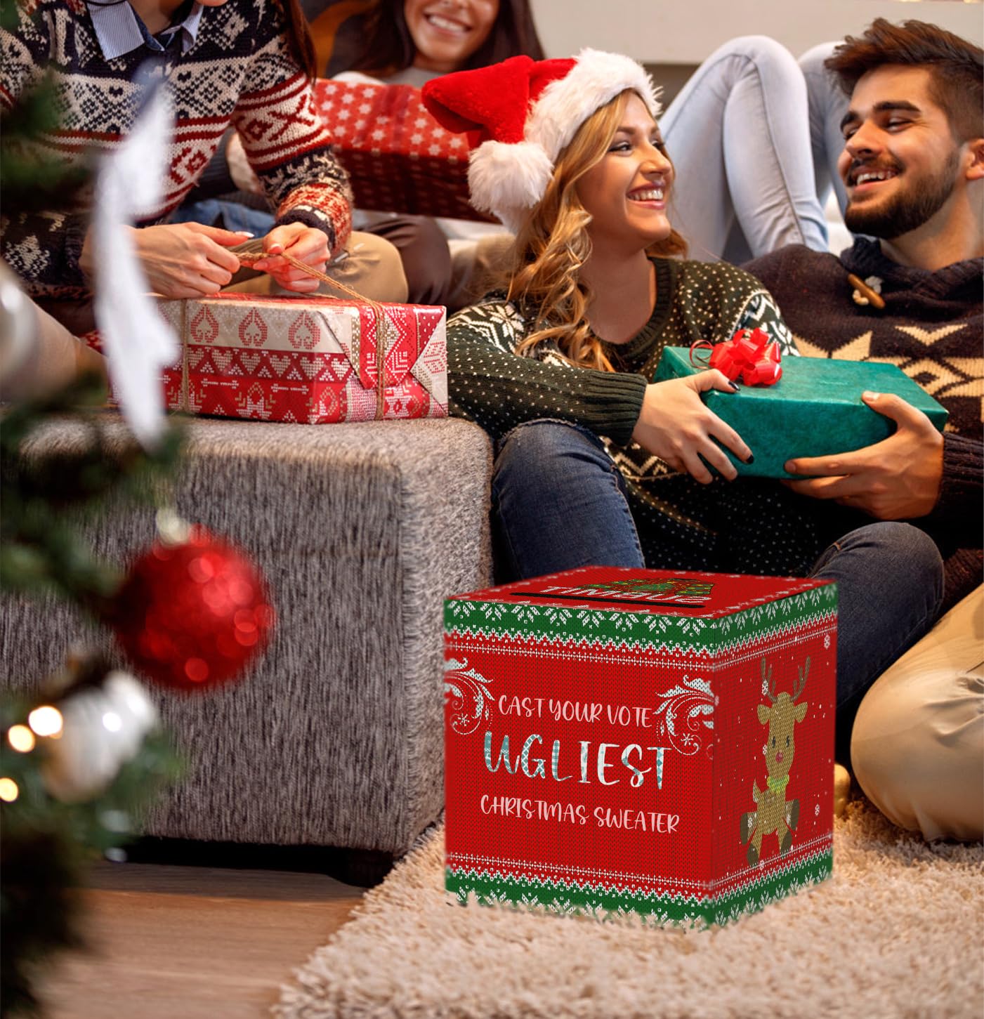 HEIPINIUYE Ugly Sweater Contest Ballot Box Voting Box for Christmas New Year Party Supplies Ugly Christmas Sweater Ballot Box