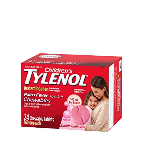 Tylenol Children's Chewables with 160 mg Acetaminophen, Pain Reliever & Fever Reducer for Kids' Cold + Flu Symptoms, Headache, Sore Throat & Toothache, Aspirin-Free, Bubble Gum, 24 ct